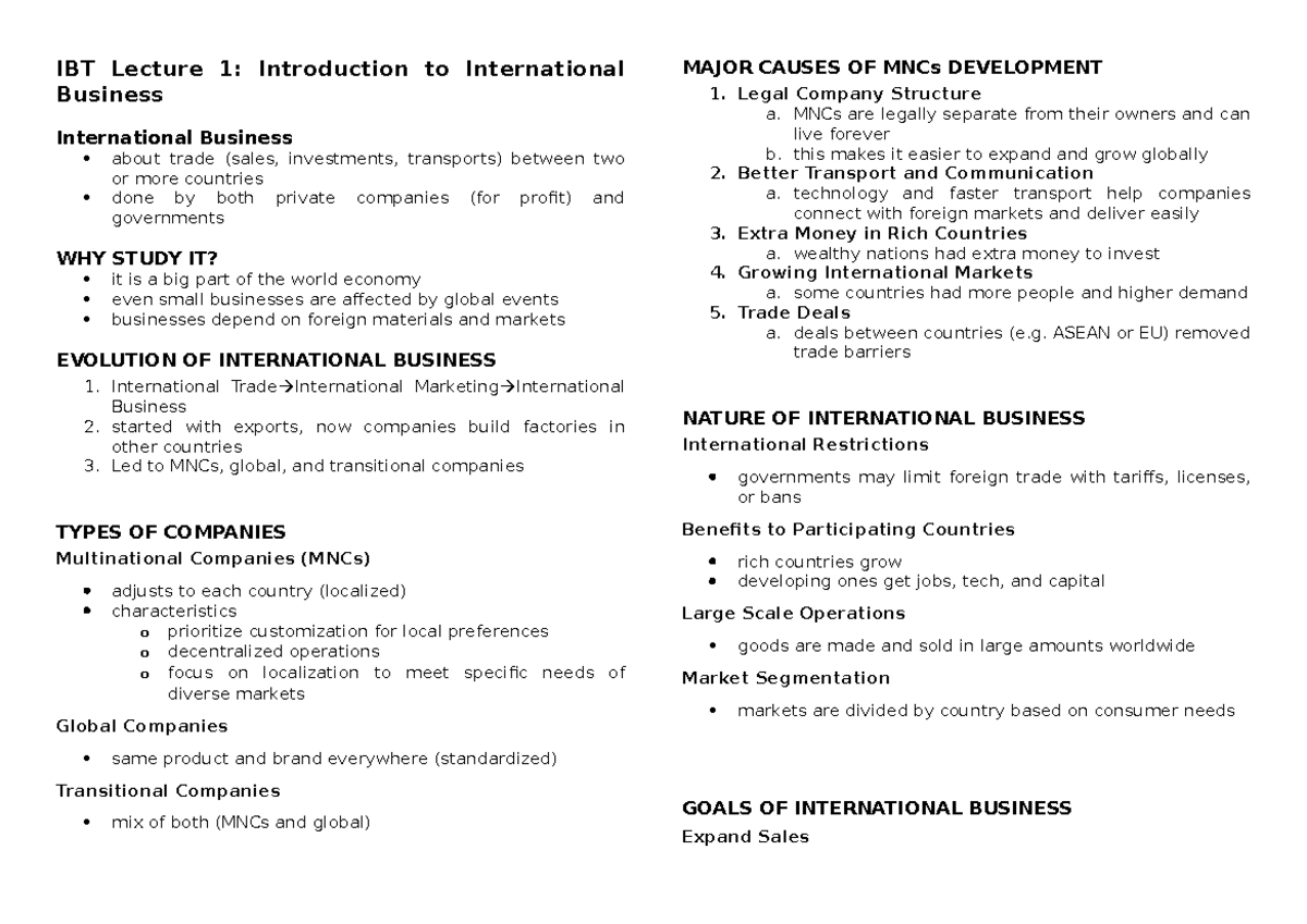 IBT Lecture 1: Overview of International Business Concepts - Studocu