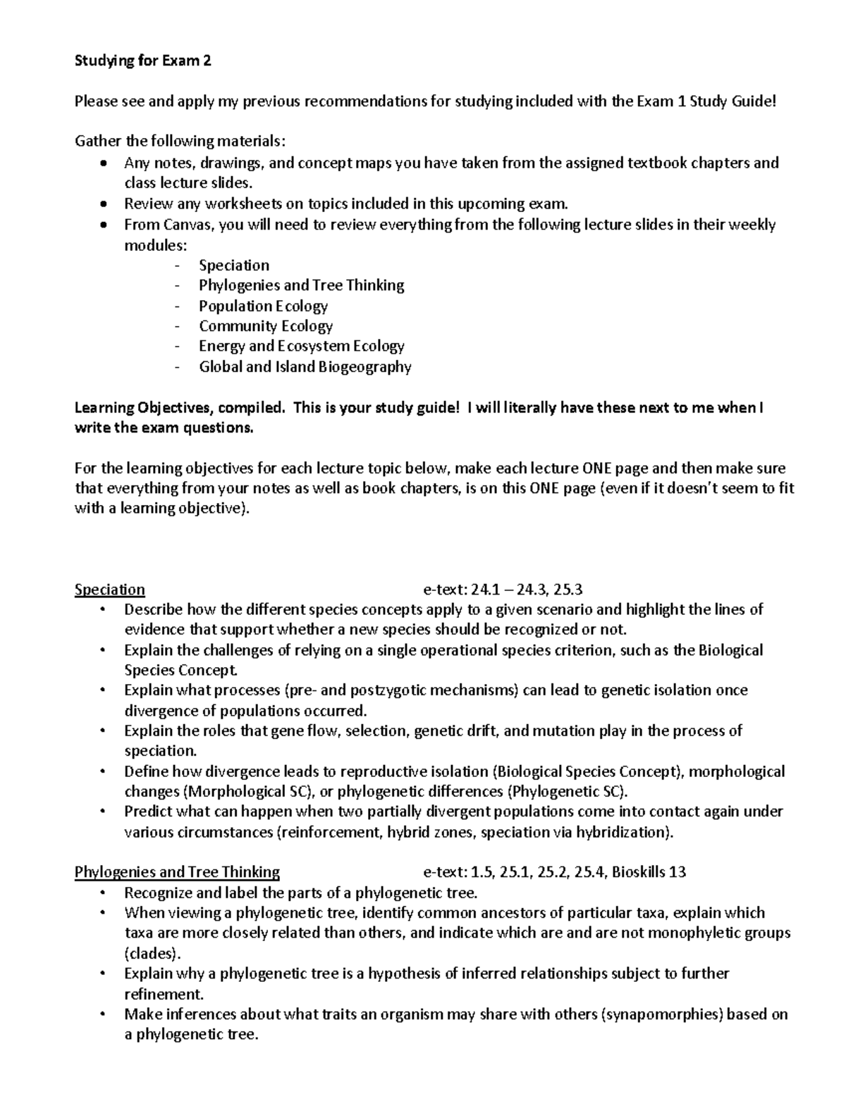 Study Guide for Exam 2: Ecology Concepts and Learning Objectives - Studocu