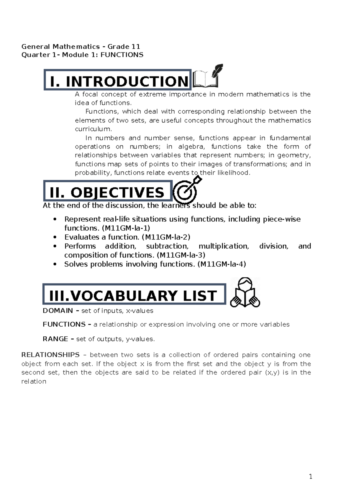 GEN MATH Module 1 - Math - 1 General Mathematics - Grade 11 Quarter 1 ...