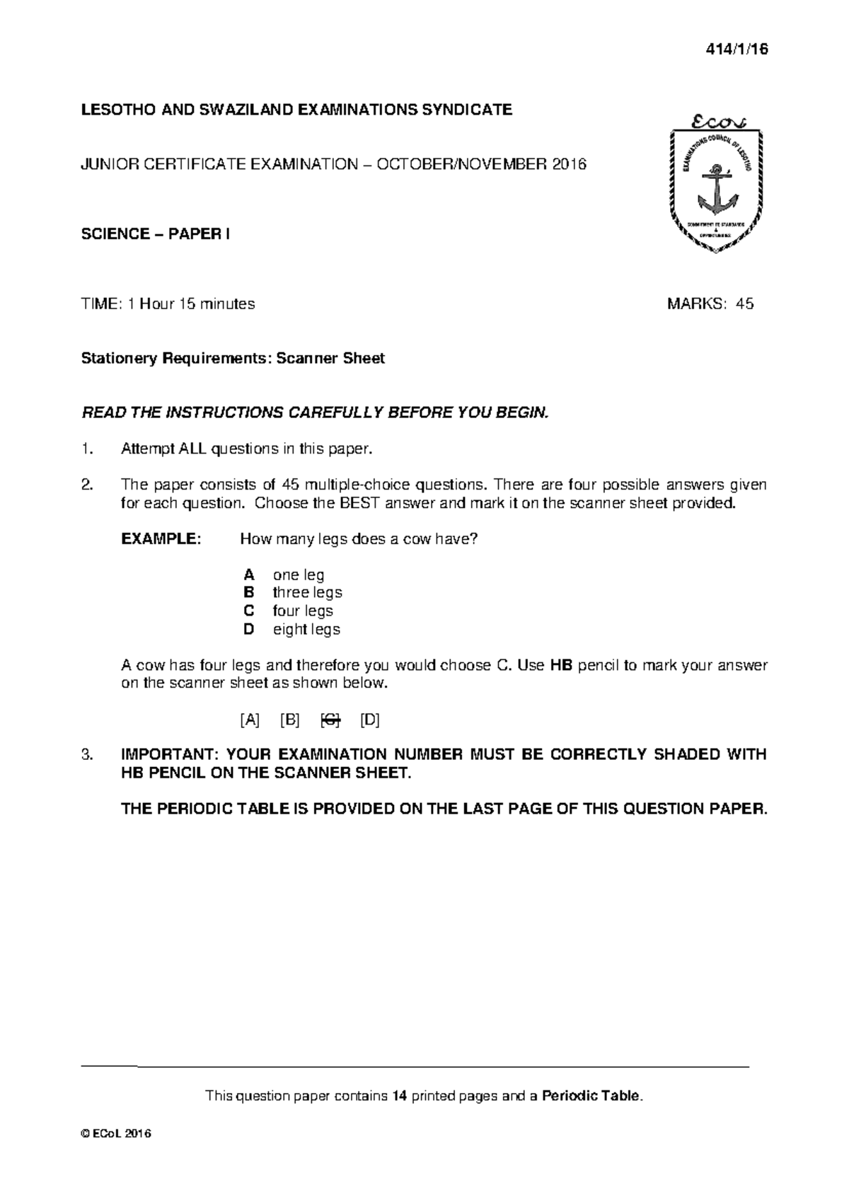 Junior Certificate Science Exam (JC 2016) – Paper I (MCQs) - Studocu