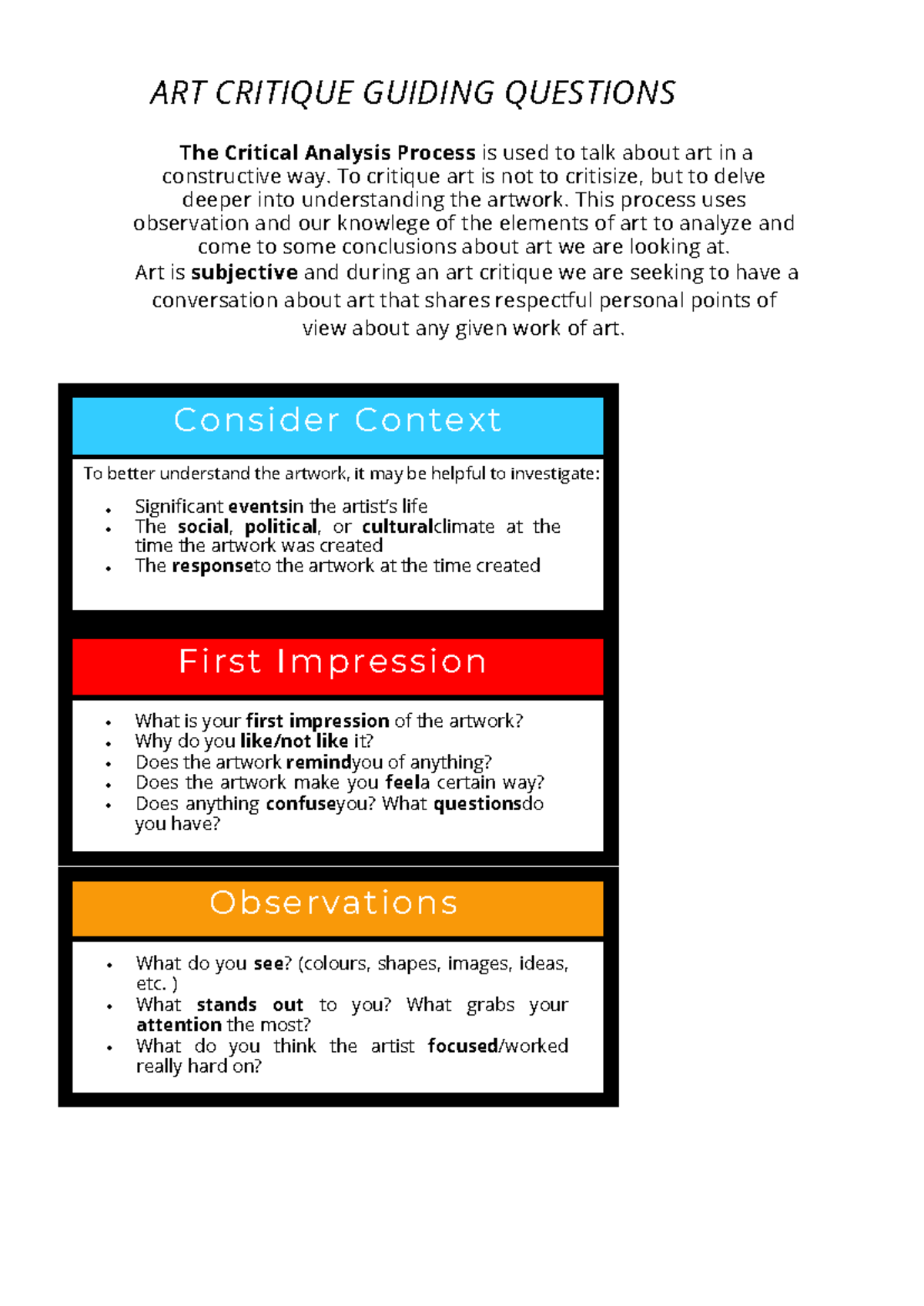 ART 101: Art Critique Guiding Questions for Analysis - Studocu
