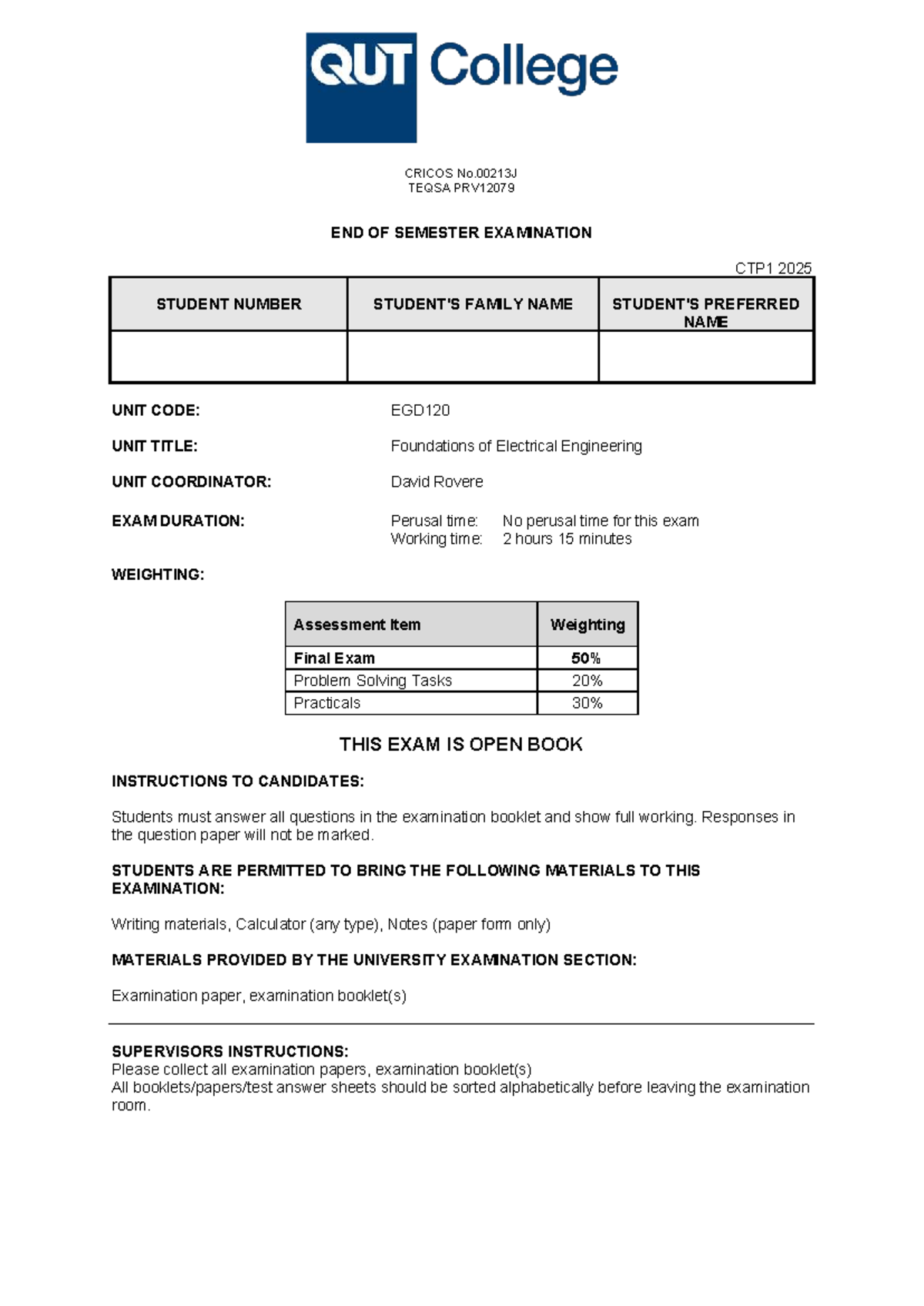 EGD120 Final Exam Past Paper - Foundations of Electrical Engineering ...