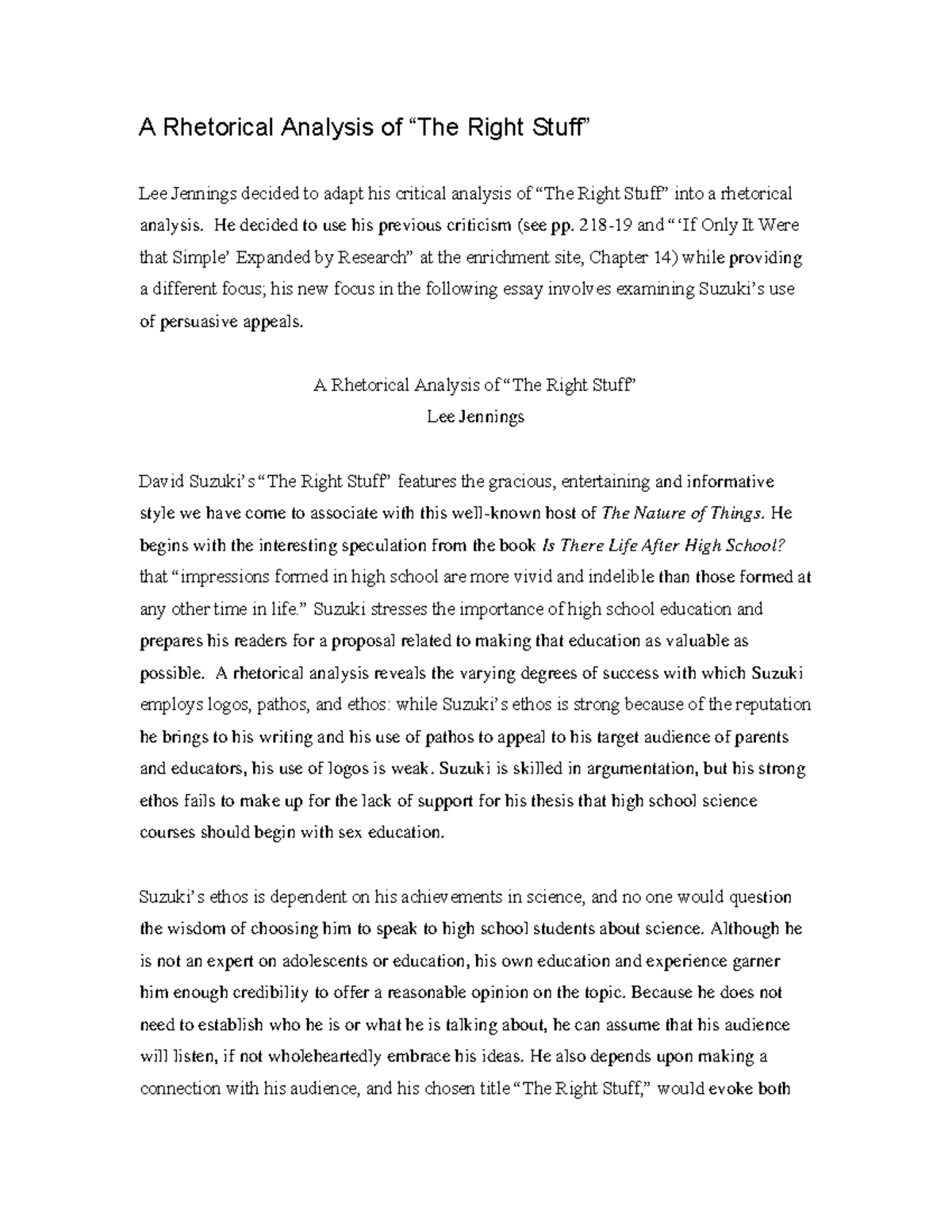 Rhetorical Analysis Essay Example: Ethos, Pathos, Logos in Suzuki's ...