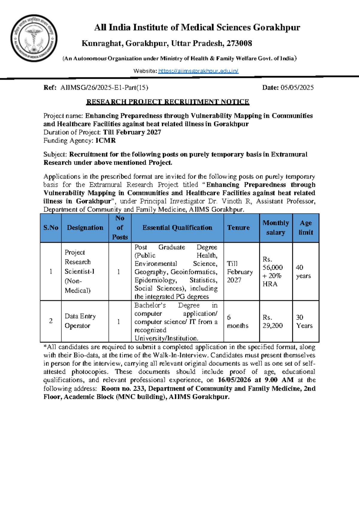 ICMR Recruitment Notice for Project Human Resource Positions at AIIMS ...