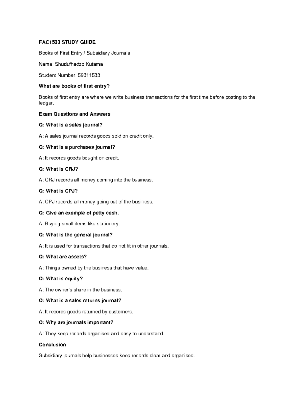 FAC1503 STUDY GUIDE: Books of First Entry & Subsidiary Journals - Studocu