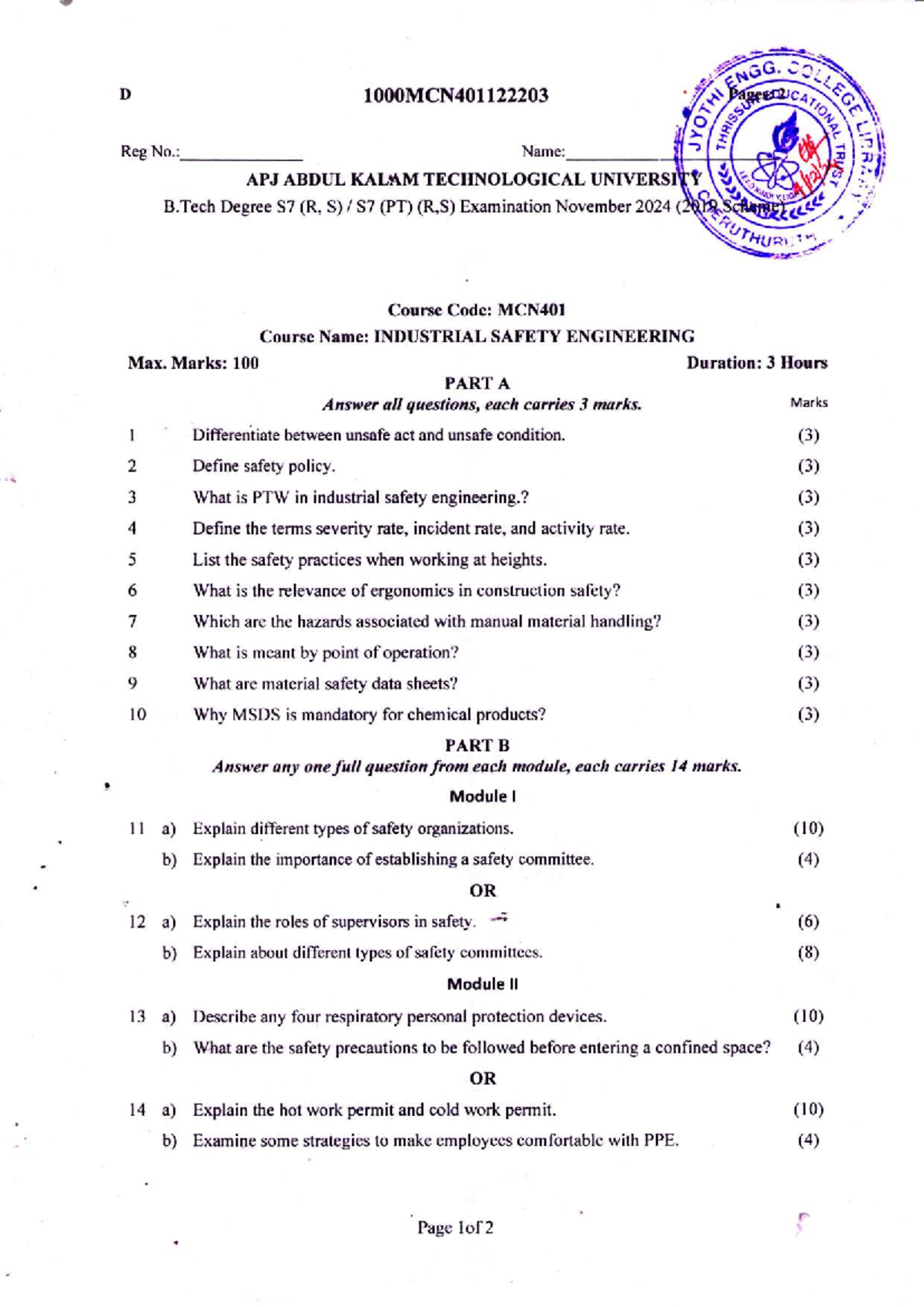 Industrial Safety Engineering Exam Questions (Course Code: MCN401 ...