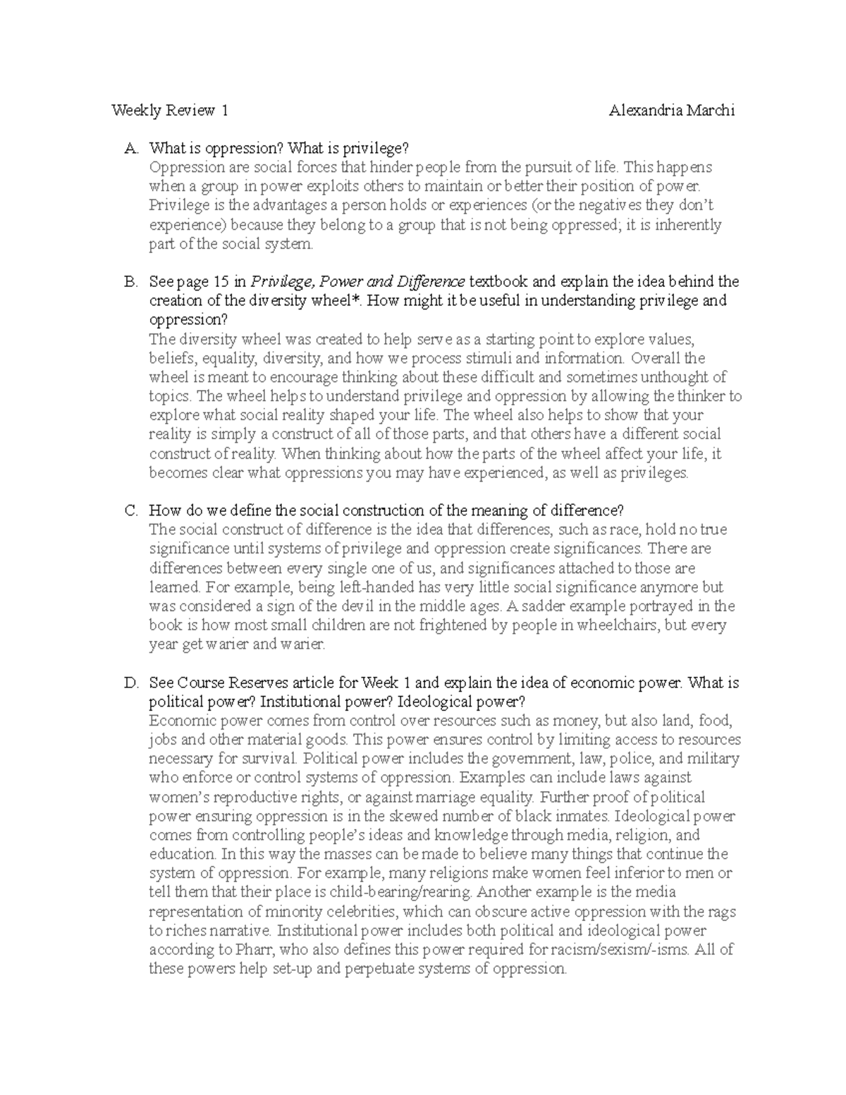 Weekly Review 1: Understanding Privilege and Oppression Concepts - Studocu