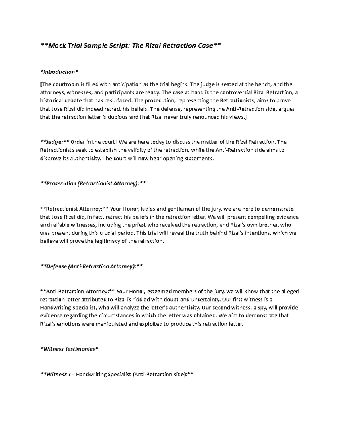 Mock Trial Script: The Rizal Retraction Case Overview - Studocu
