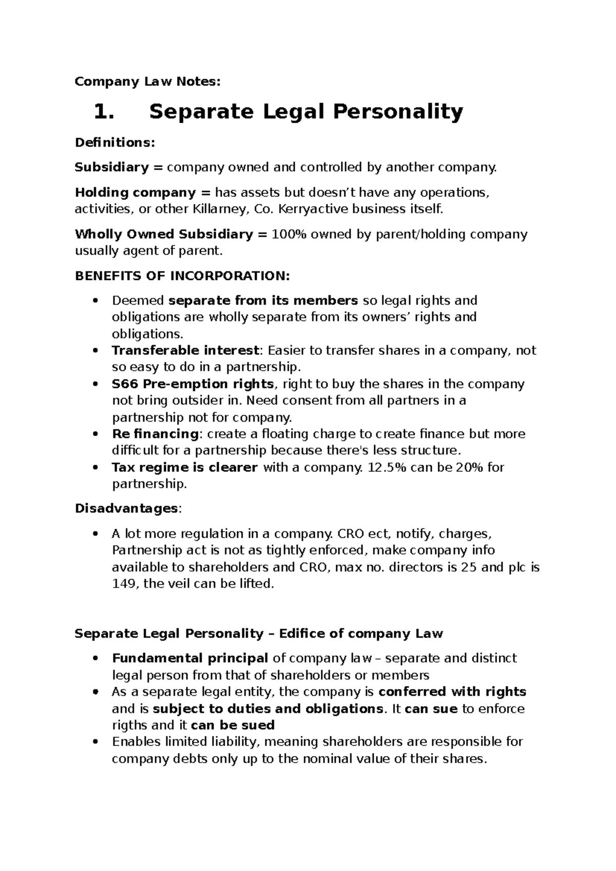Company Law Notes: Separate Legal Personality & Directors' Duties - Studocu