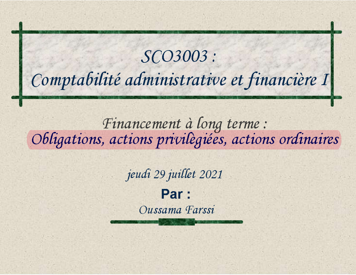 Cours 11 - Financement à Long Terme : Obligations et Actions ...