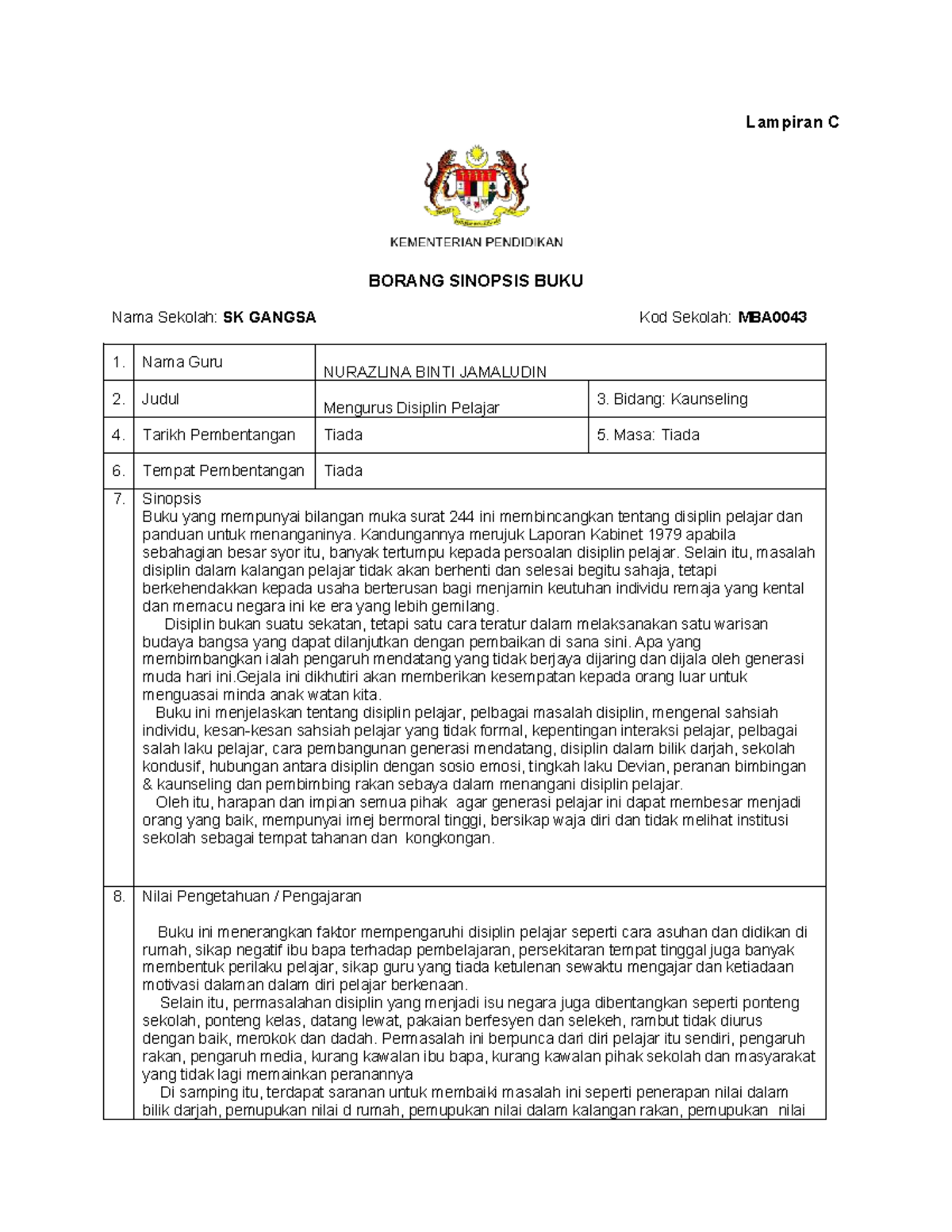 Sinopsis Buku 2024: Mengurus Disiplin Pelajar di SK GANGSA (MBA0043 ...