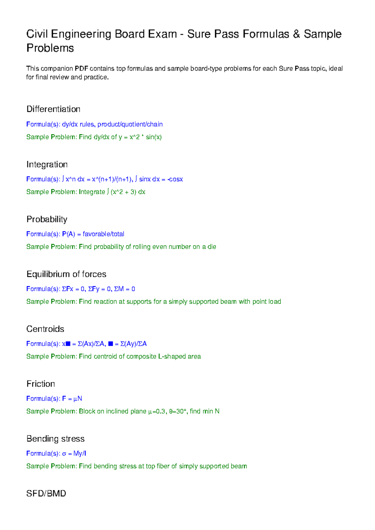 CE Board Final Exam Sure Pass Formulas & Sample Problems - Studocu
