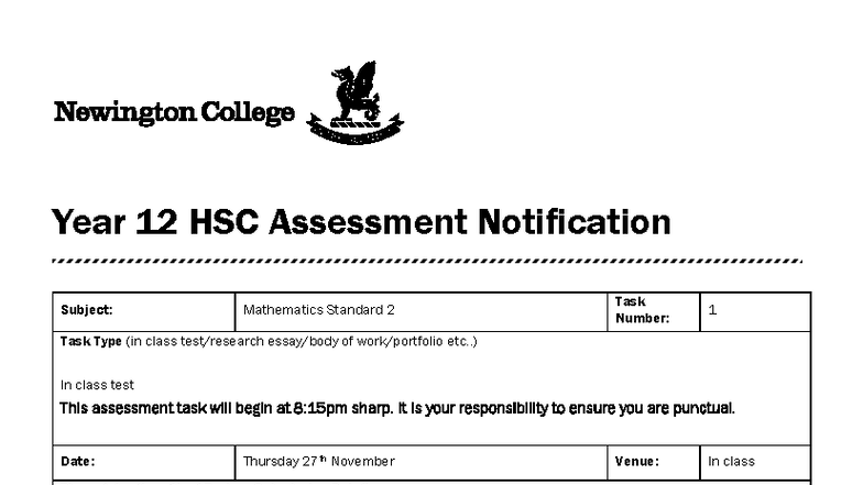 2026 Year 12 HSC Mathematics Standard 2 AP1 In-Class Test Notification ...