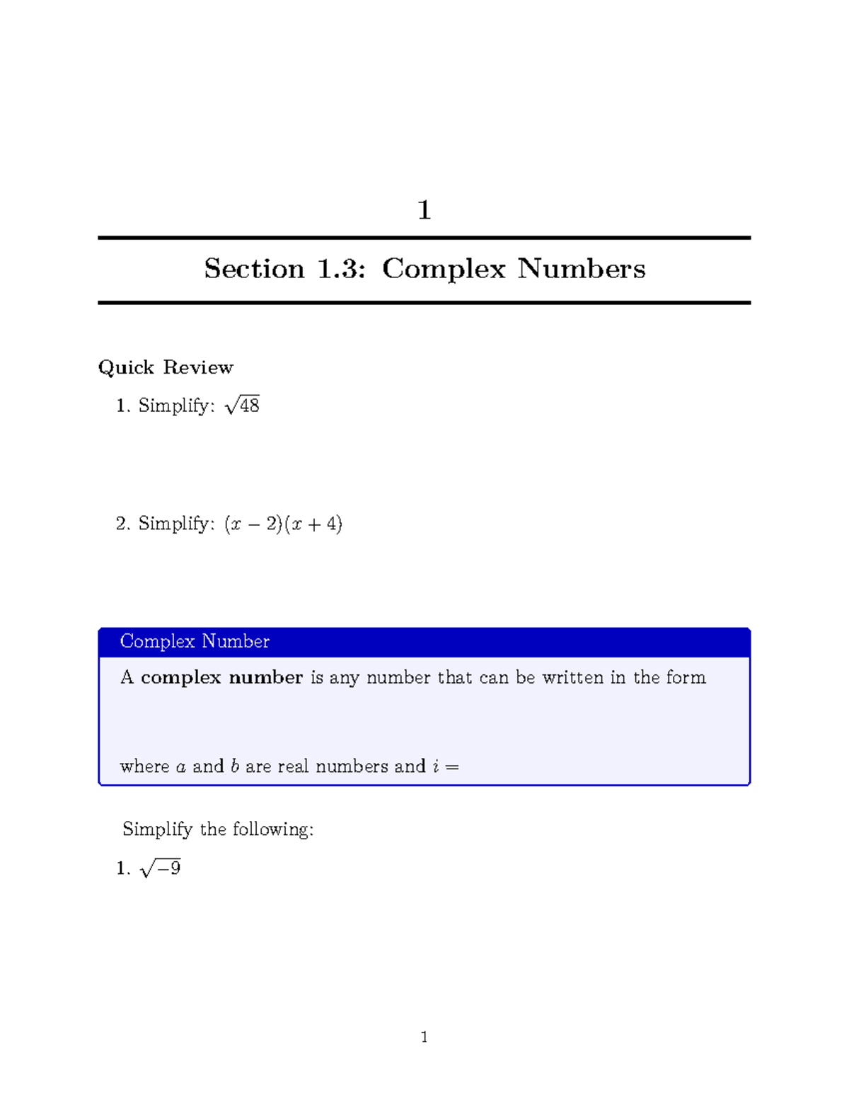 College Algebra: Section 1.3 - Quick Review of Complex Numbers - Studocu
