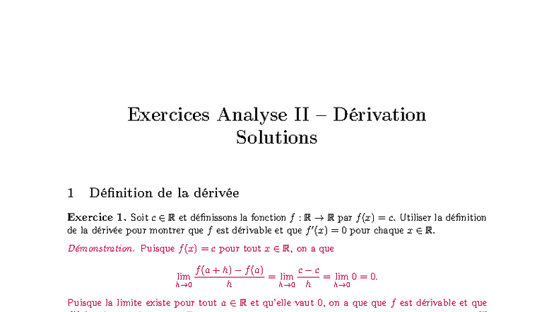Solutions Chapitre 1 - Calcul Différentiel: Exercices et Démonstrations - Studocu