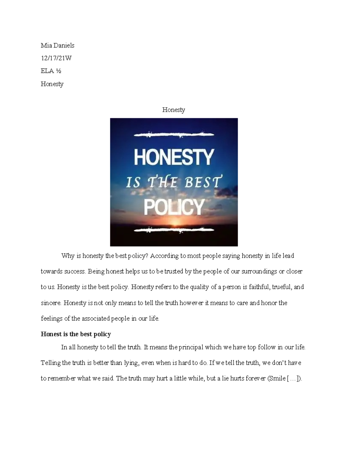ELA ½ Honesty Essay - The Importance of Truthfulness in Life - Studocu