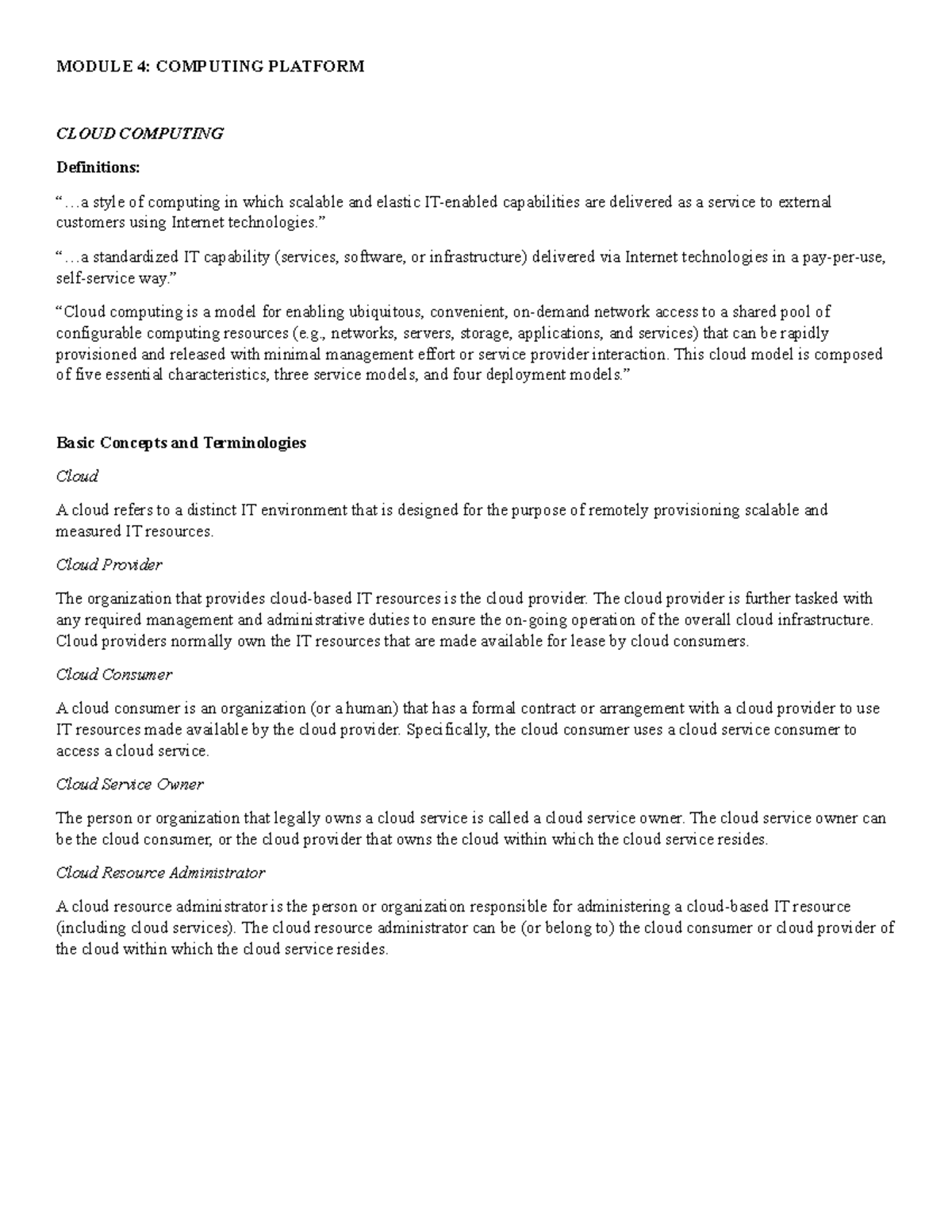 MODULE 4: CLOUD COMPUTING - Key Concepts & Terminologies - Studocu