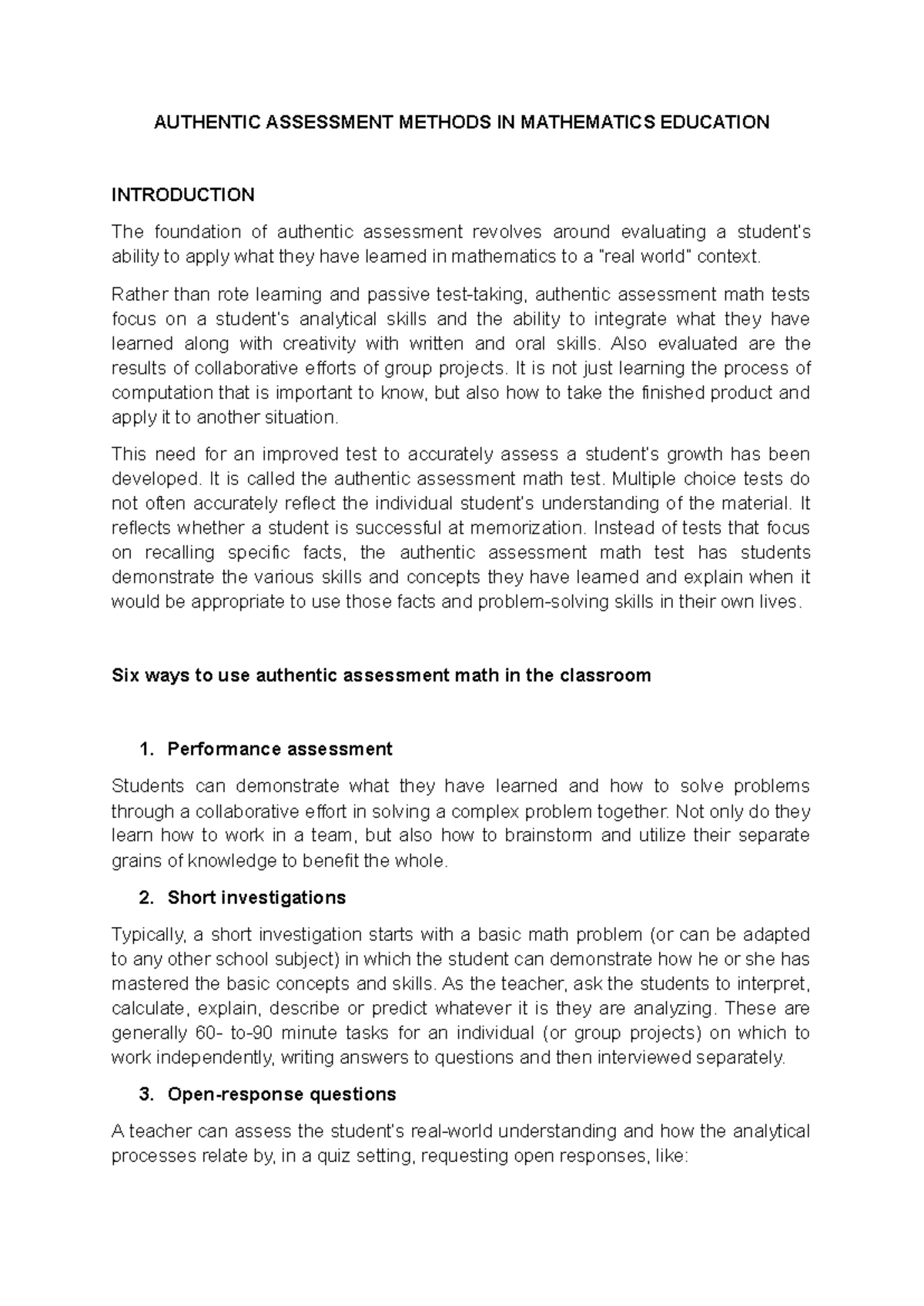 Authentic Assessment Methods in Math Education (EDU-101) - Studocu