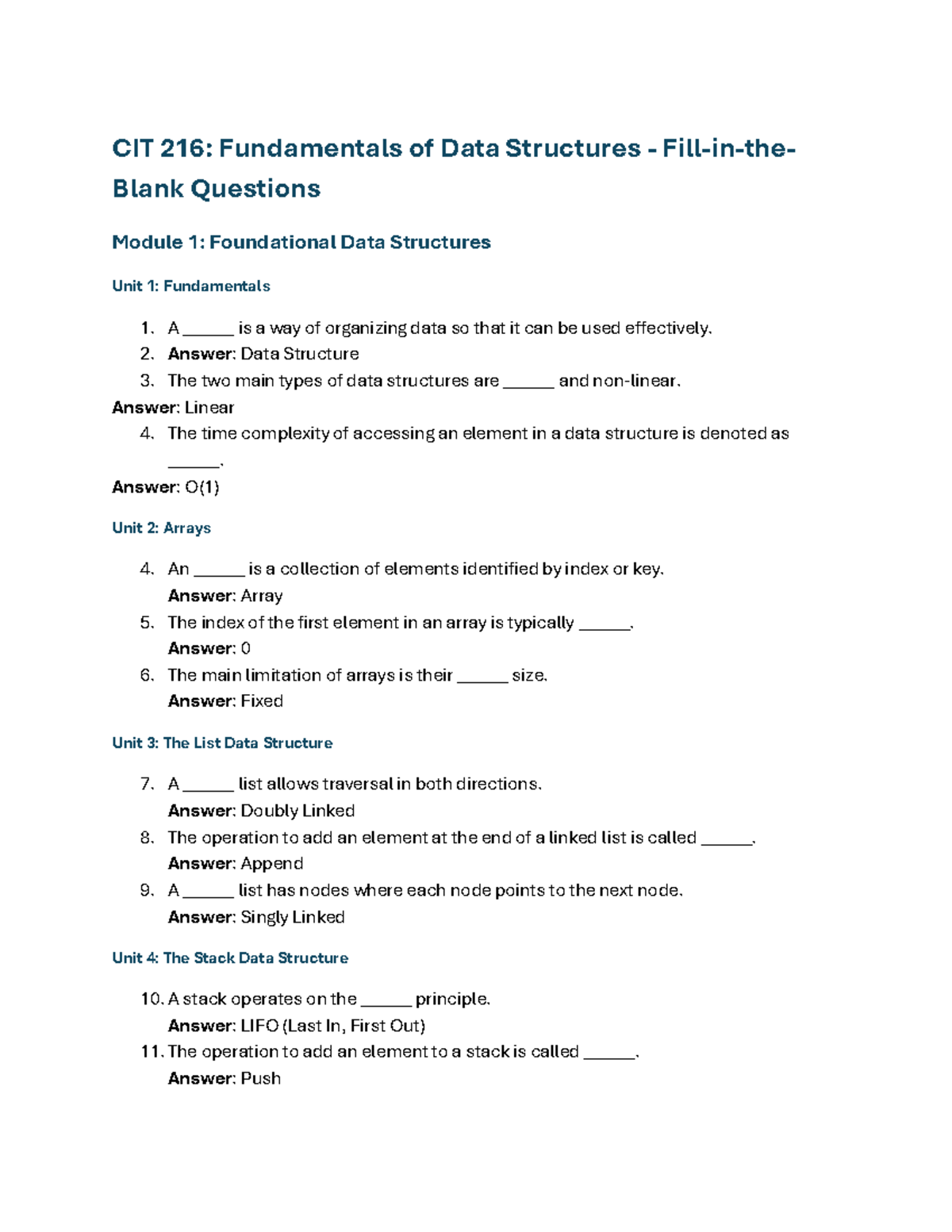 CIT 216: Data Structures & Algorithms Blank Questions Guide - Studocu