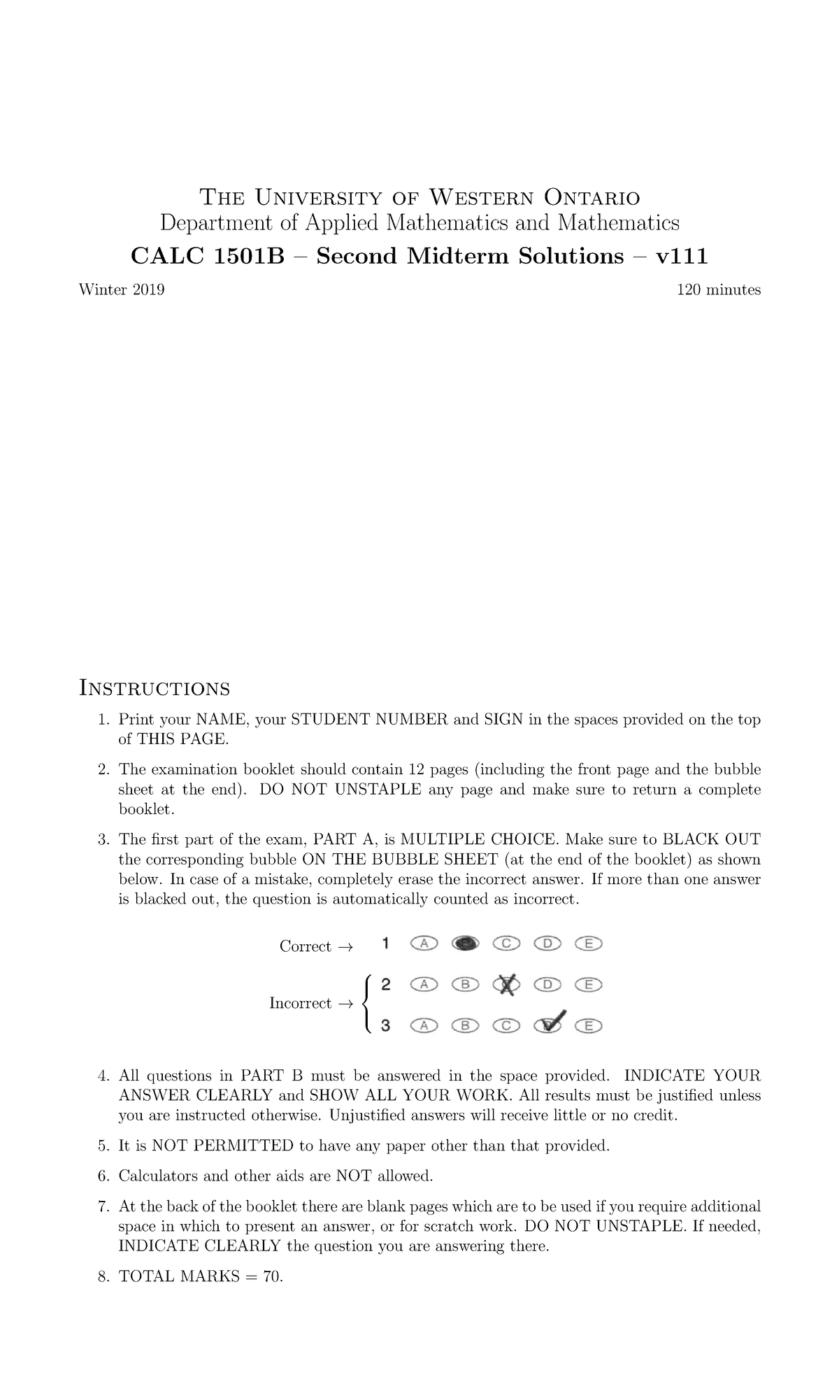 CALC1501 - Midterm 2 with Solutions - 2019 - The University of Western ...