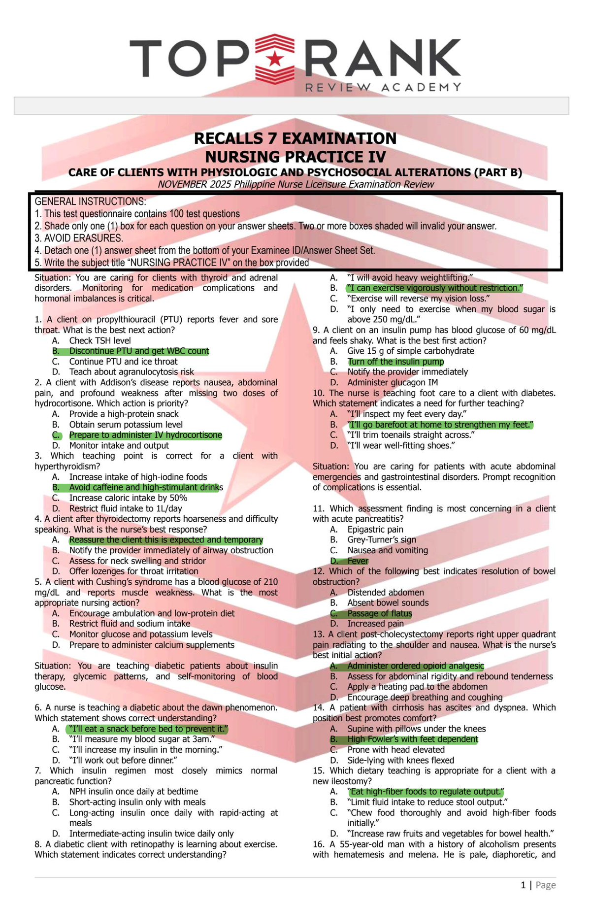 NURSING PRACTICE IV EXAM REVIEW: PHYSIOLOGIC & PSYCHOSOCIAL ALTERATIONS ...