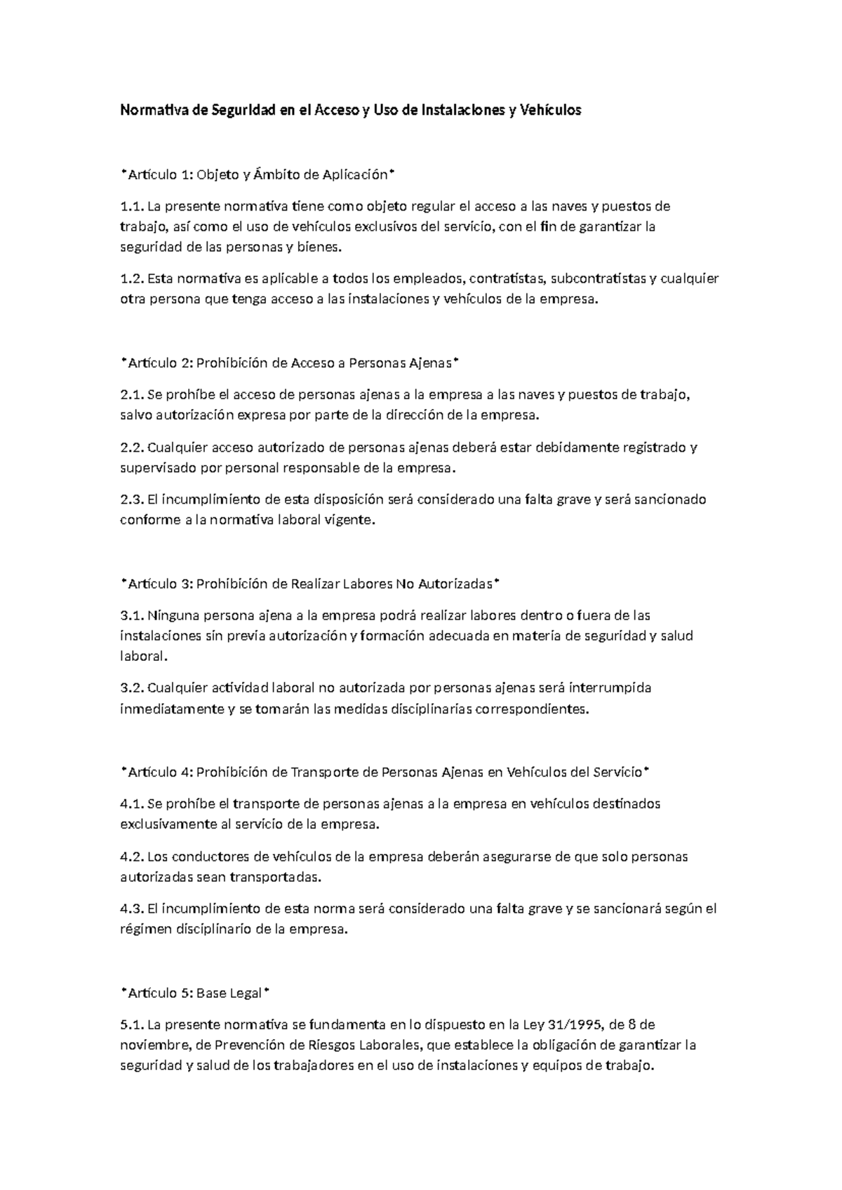 Normativa de Seguridad en Instalaciones y Vehículos: Acceso y Uso - Studocu