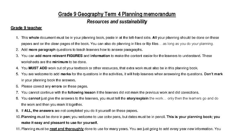 Gr. 9 Geography Term 4 Planning: Resources & Sustainability Guide - Studocu
