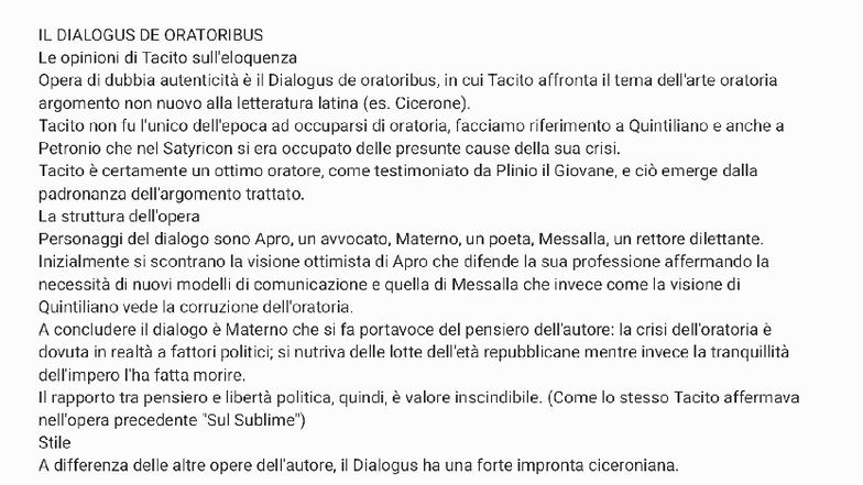 Dialogus de Oratoribus e Historiae di Tacito: Analisi e Temi - Studocu