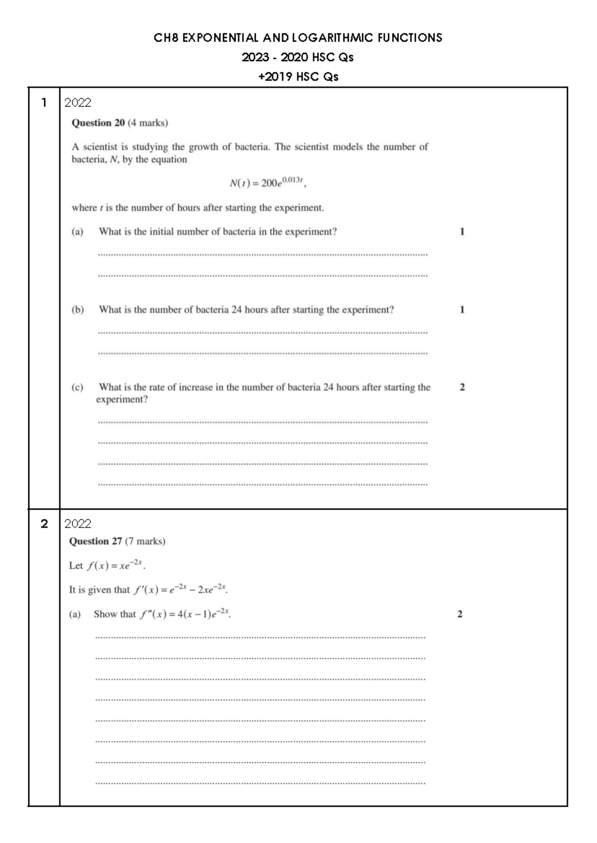CH8 Exponential & Logarithmic Functions - HSC Qs 2019-2023 - Studocu