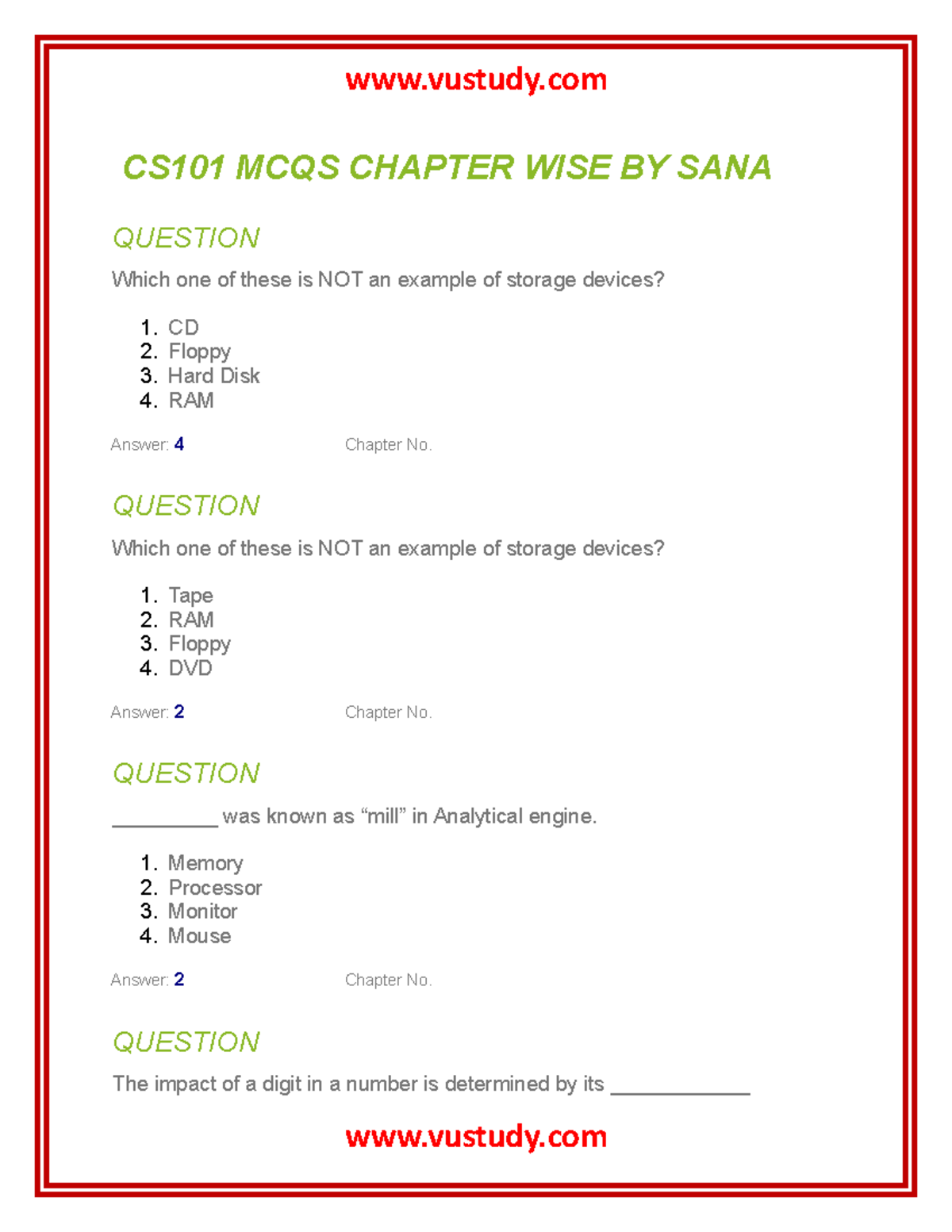 Cs101 solved mcqs chapter wise by sana - CS101 MCQS CHAPTER WISE BY SANA QUESTION Which one of ...