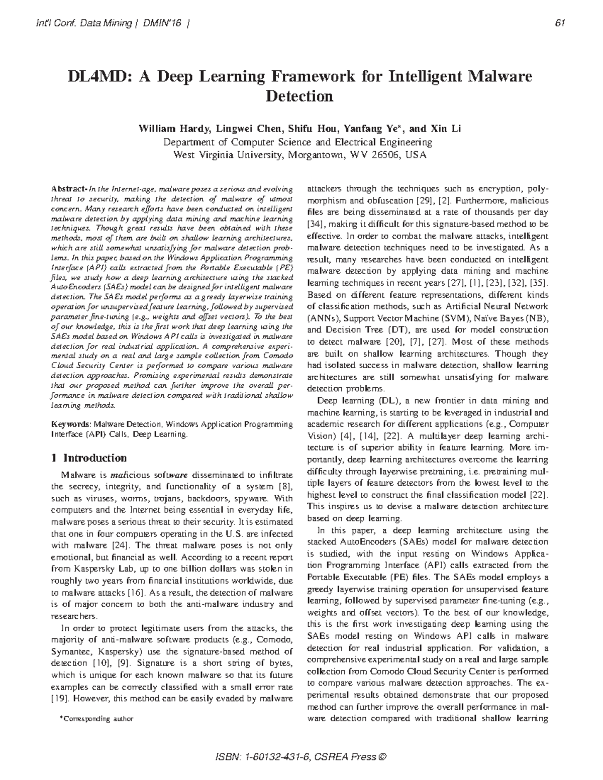 DL4MD: A Deep Learning Framework for Intelligent Malware Detection ...