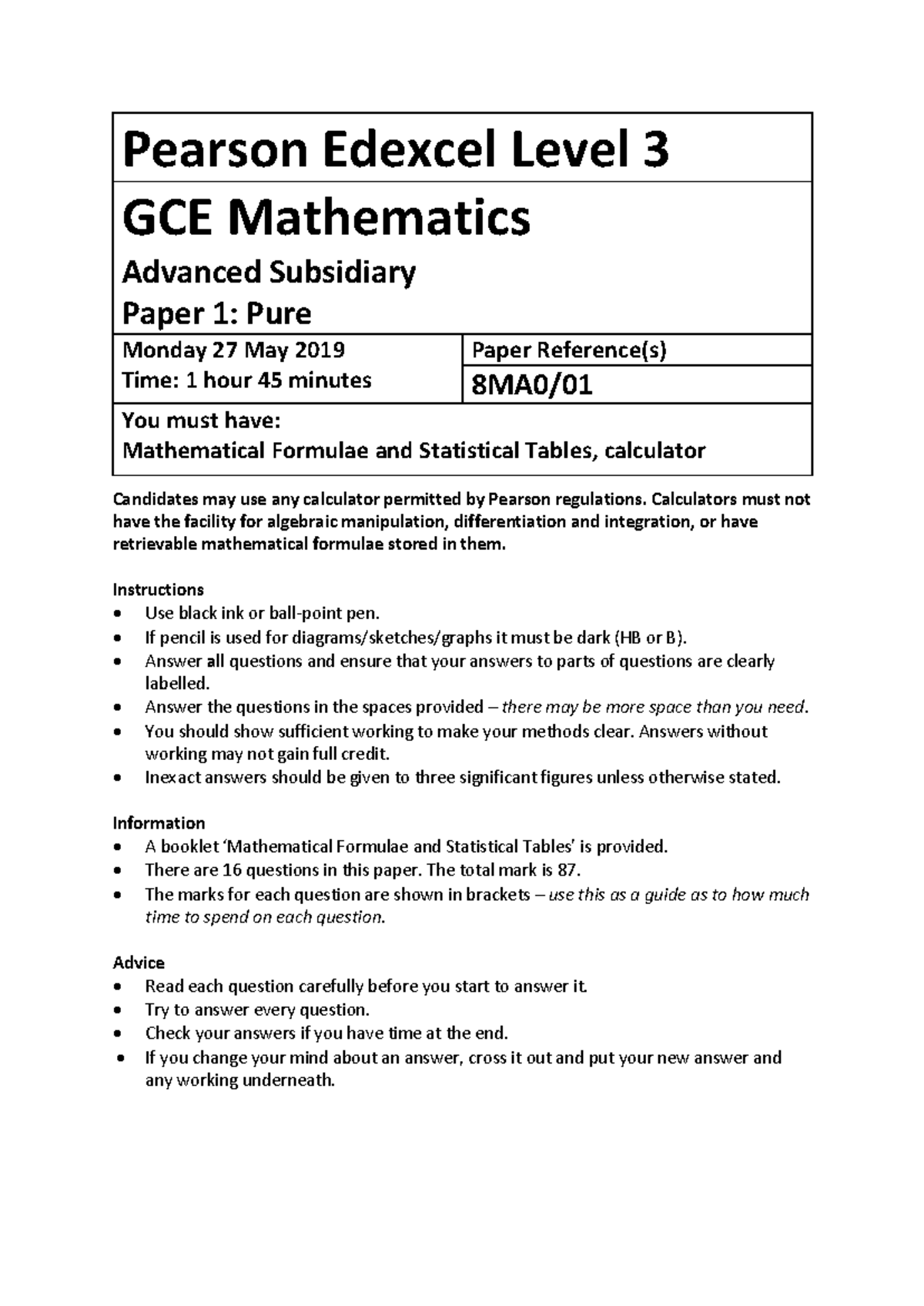 June 2019 Pearson Edexcel GCE Maths AS Paper 1: Pure Shadow Exam - Studocu