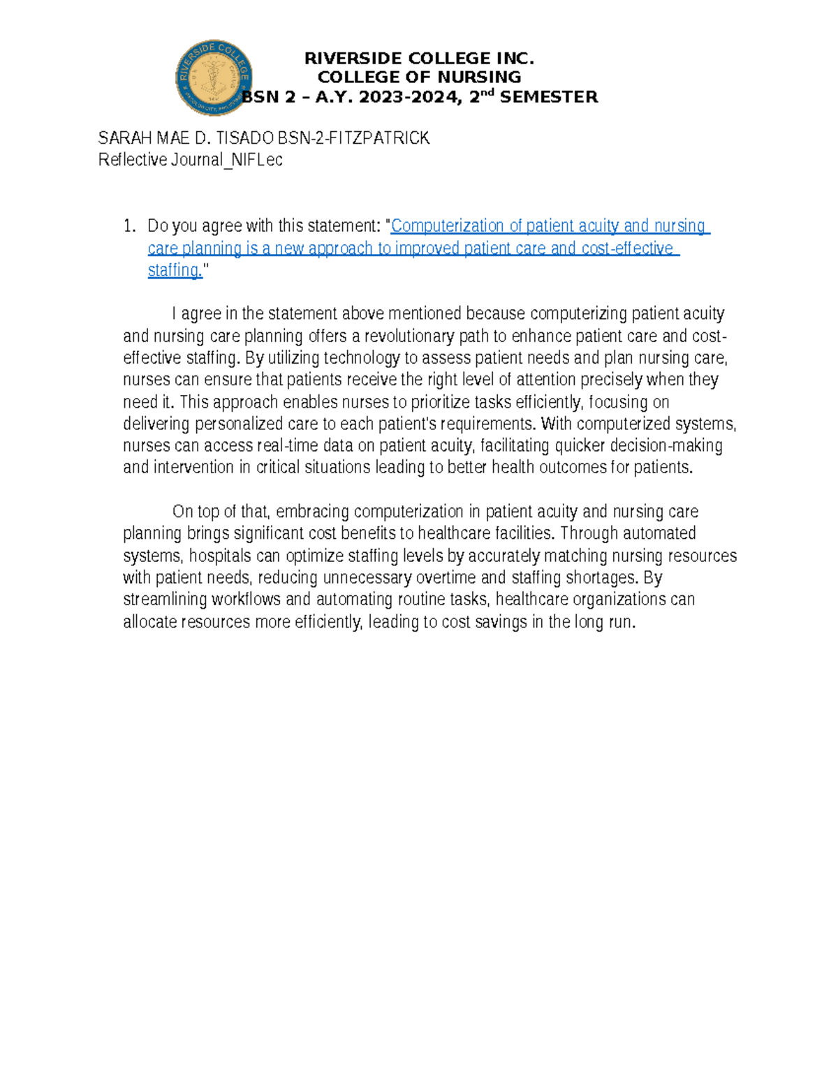 Reflective Journal on NIFLec - Nursing Care & Computerization Insights ...