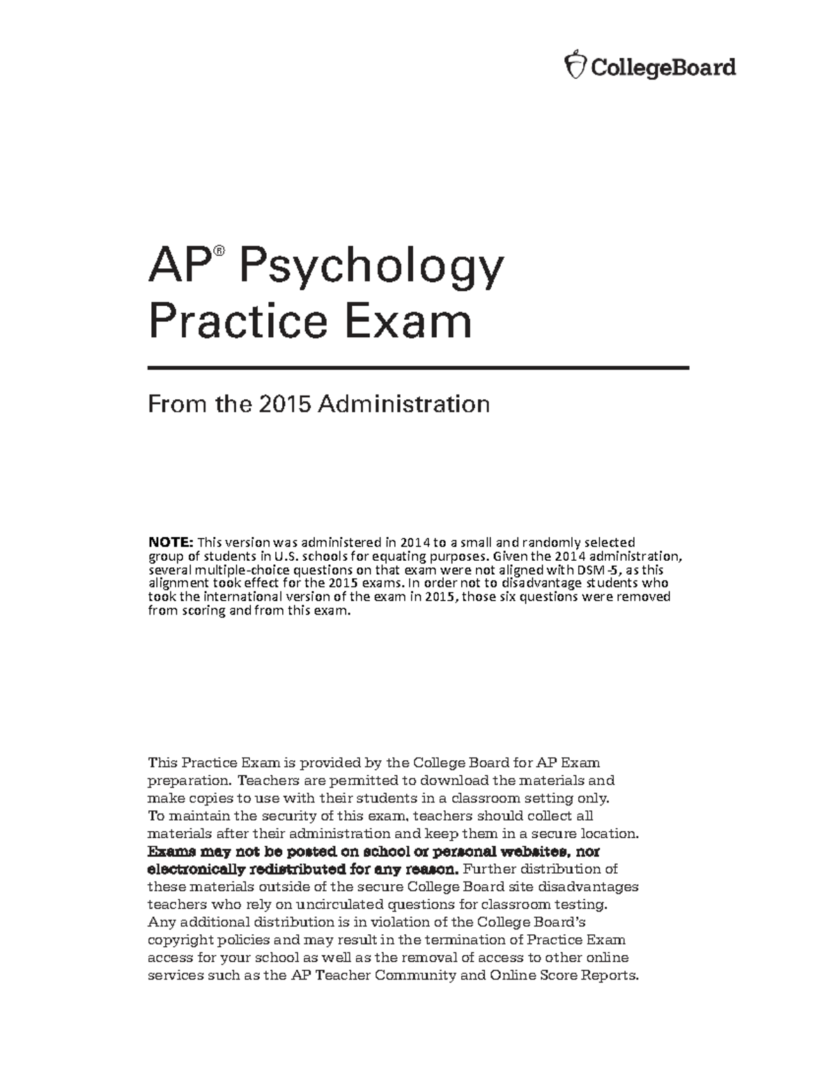 AP Psychology practice exam from the 2015 administration - Studocu