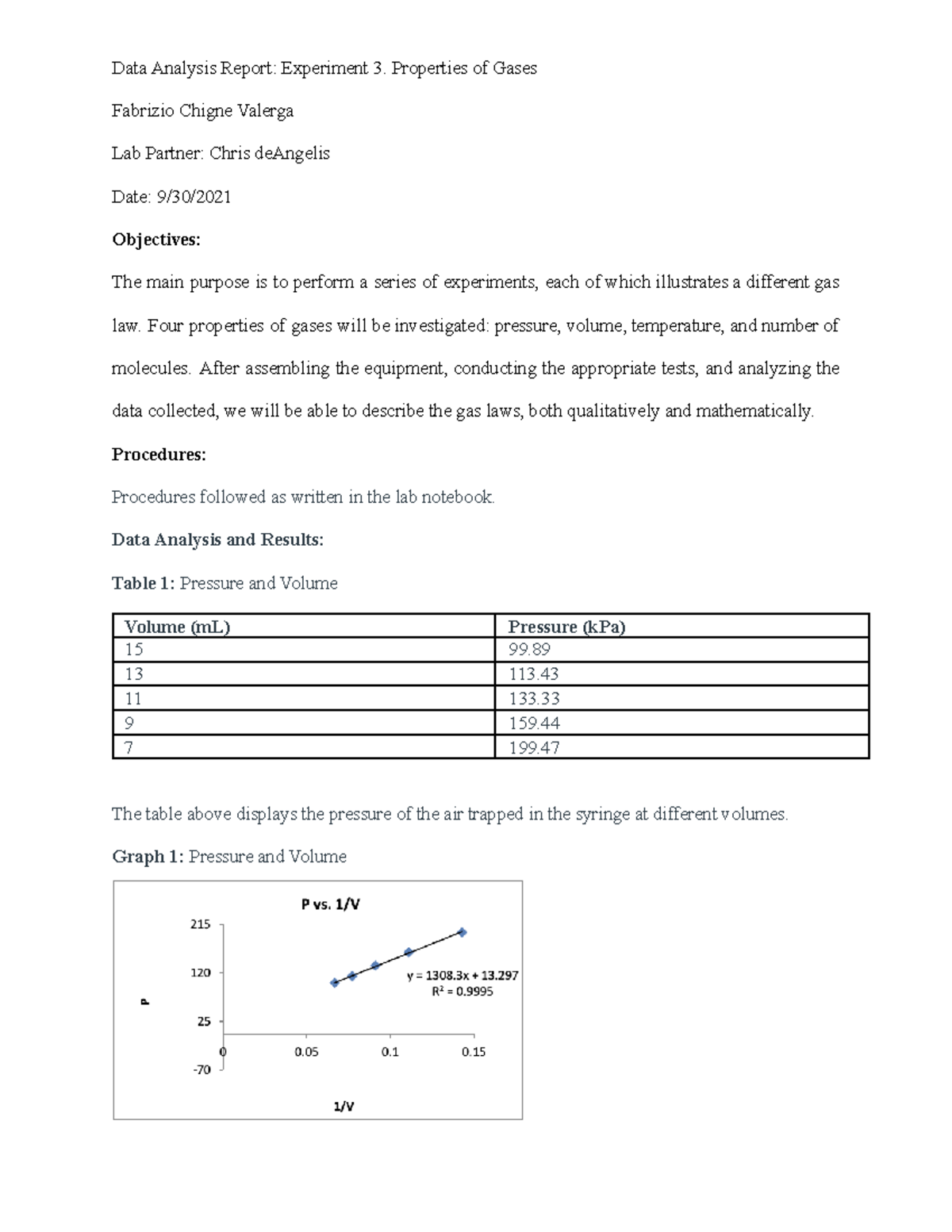 Lab 3 - Properties of Gases Lab Report - Data Analysis Report: Experiment 3. Properties of Gases ...