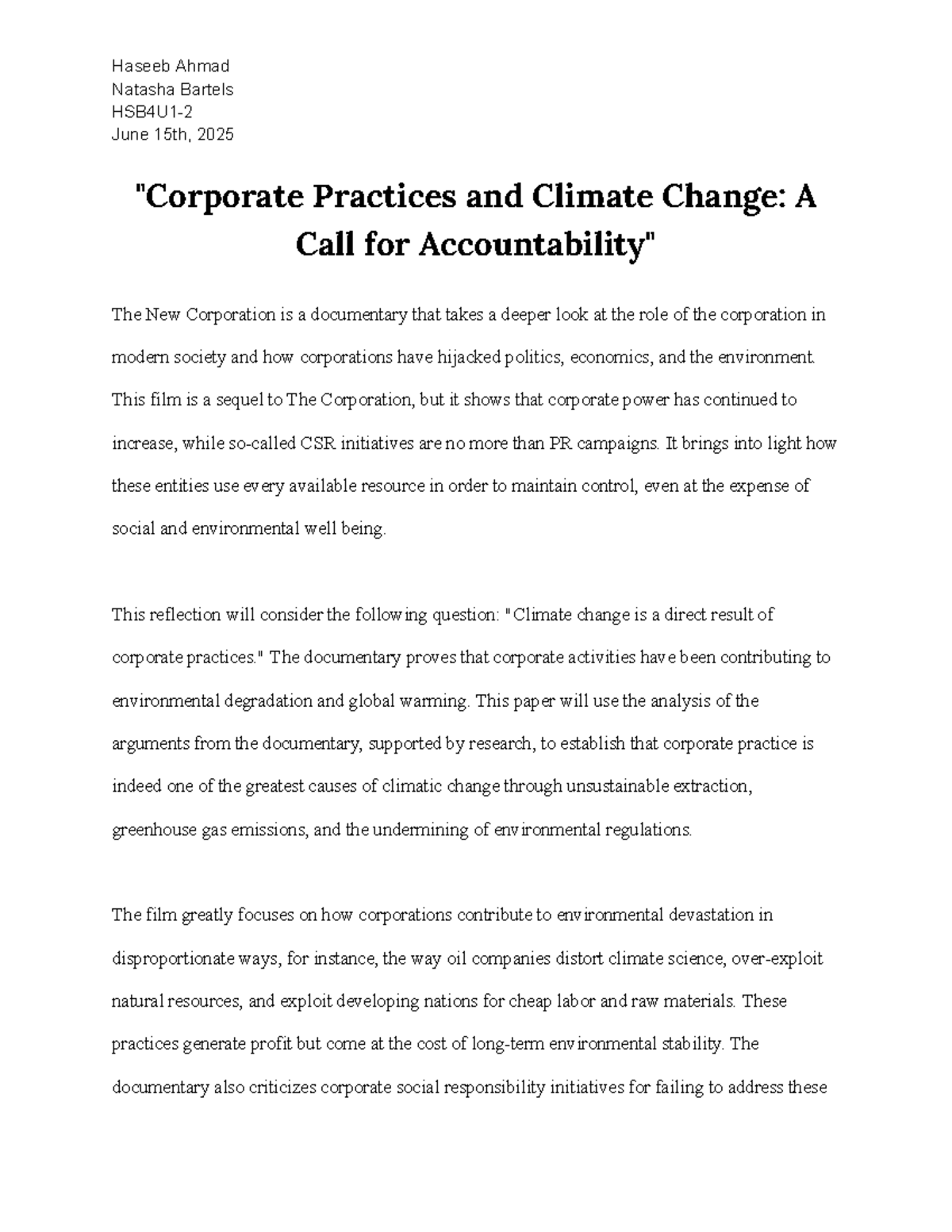 Corporate Practices and Climate Change: A Call for Accountability - Studocu