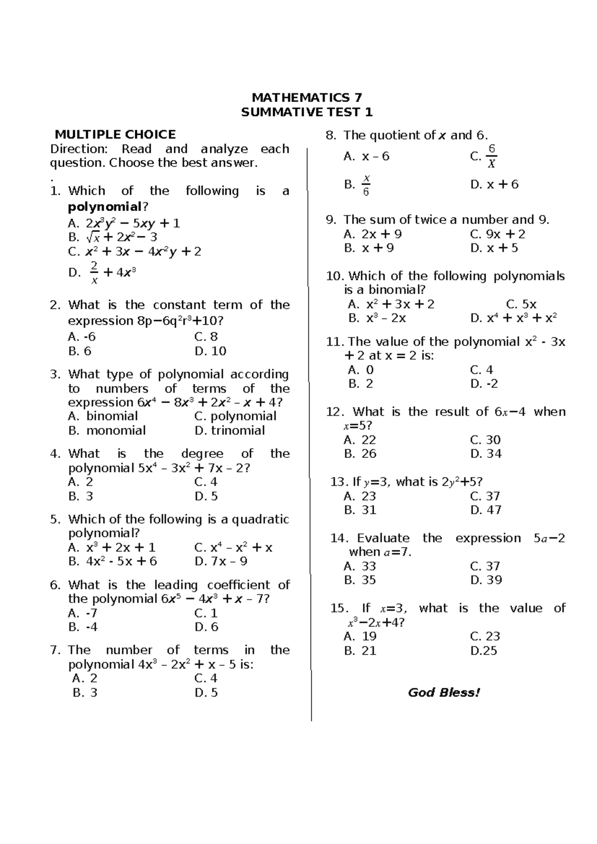 MATHEMATICS 7 - Summative Test 1 on Polynomial Concepts - Studocu