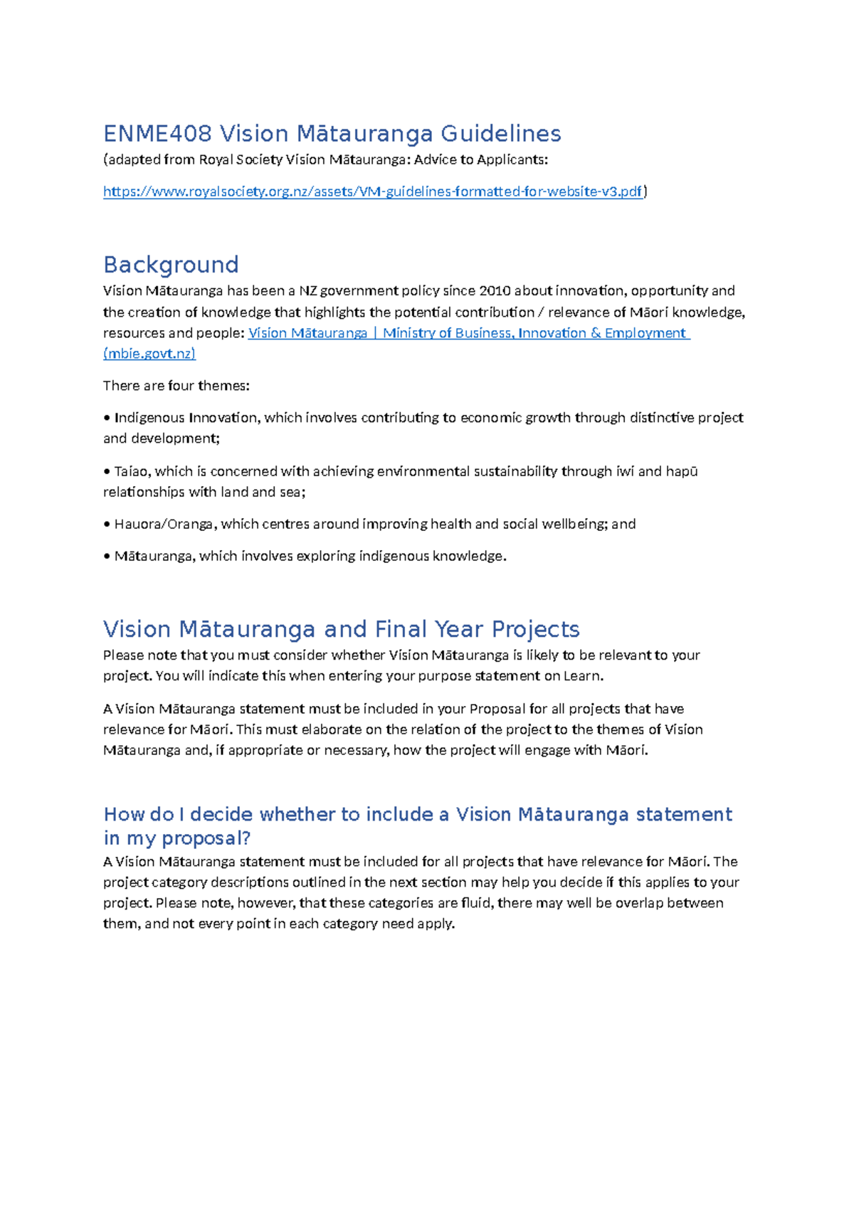 ENME408 Vision Mātauranga Guidelines for Final Year Projects - Studocu