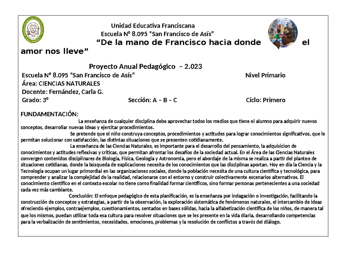 Planificación Anual de Ciencias Naturales - 3° Grado A B C - 2023 - Studocu