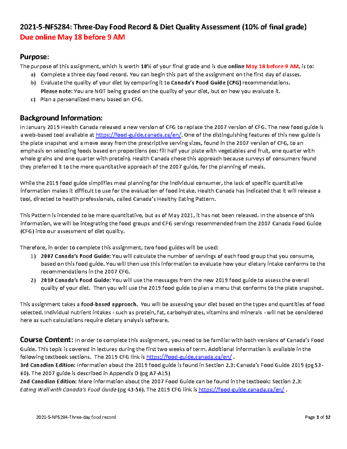 2021-5-NFS284: 3-Day Food Record Assignment & Diet Assessment Guide ...