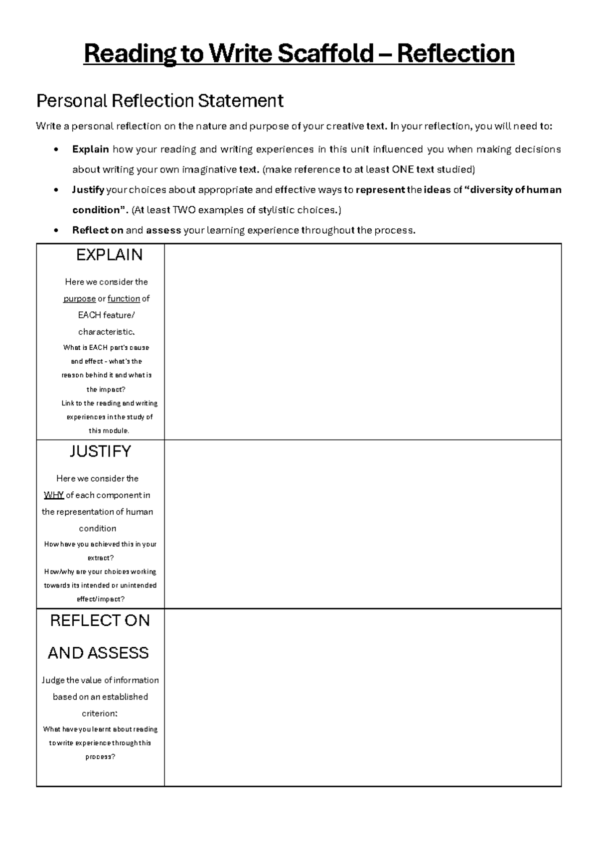 RtoW Reflection Scaffold: Personal Insights on Creative Texts - Studocu