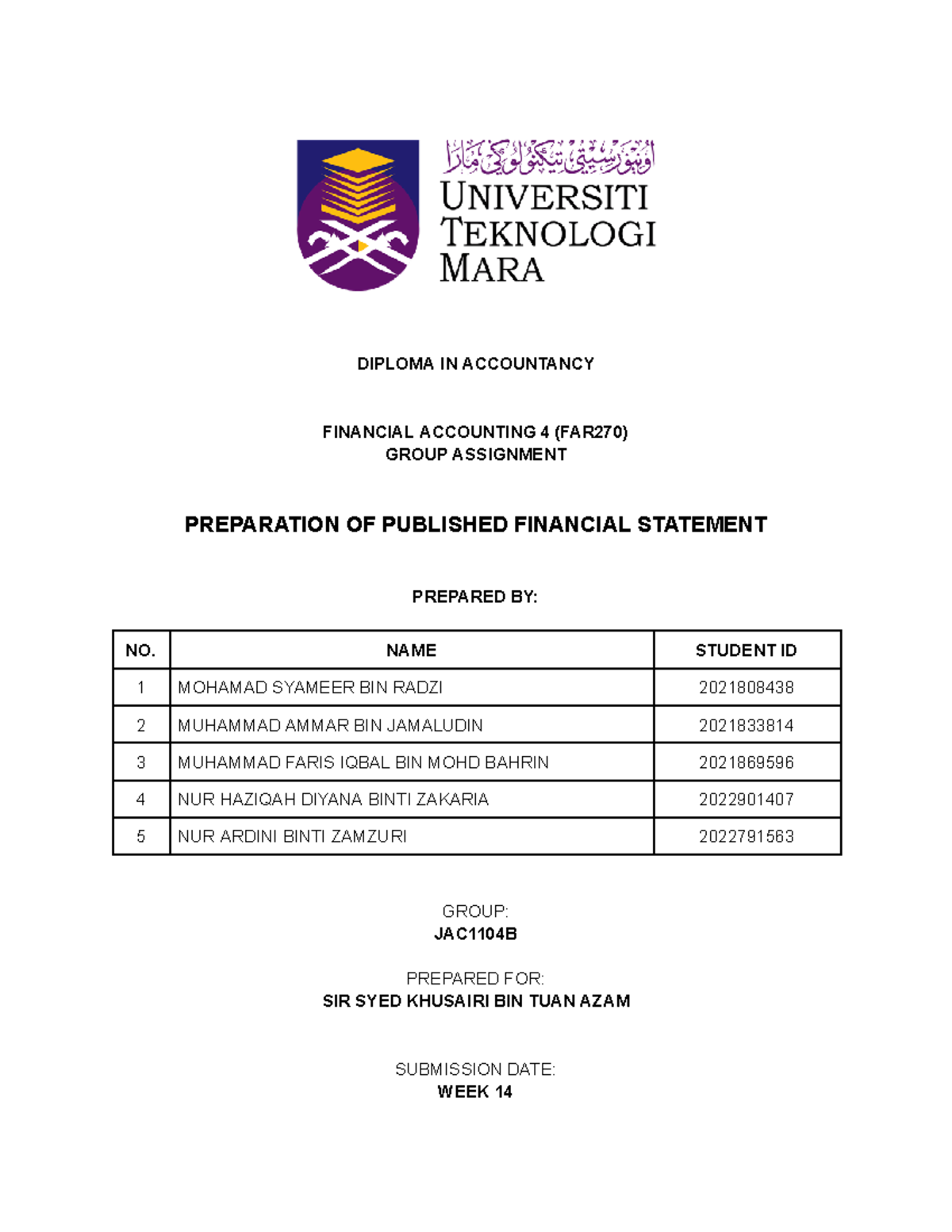 FAR270 Group Assignment: Preparation of Published Financial Statements ...