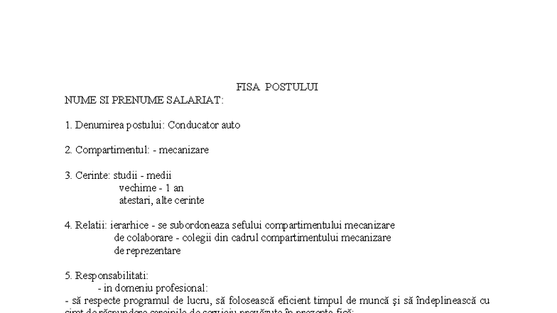 NUME SI PRENUME SALARIAT: FISA POSTULUI Conducator Auto - Studocu
