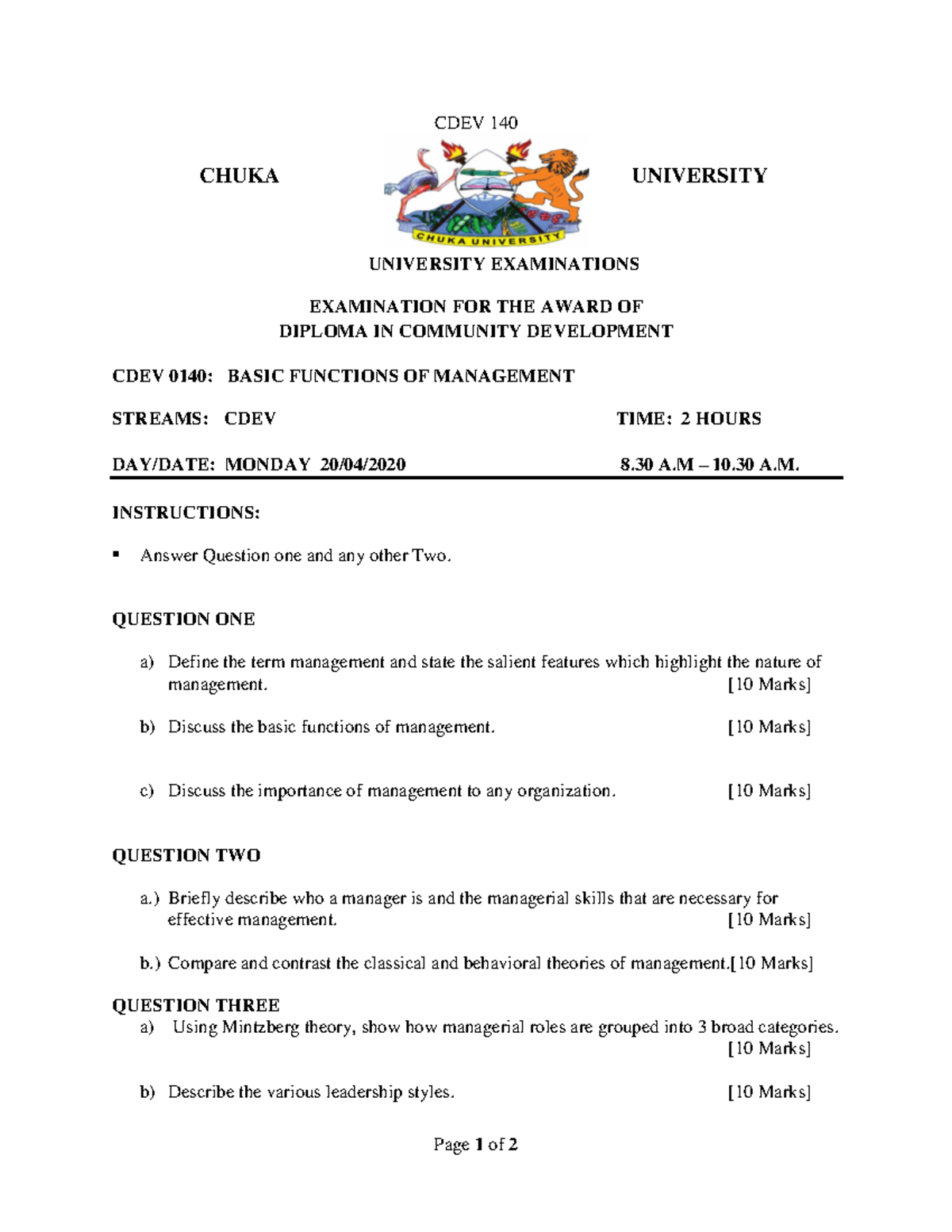 CDEV 140: Key Functions of Management - University Exam Paper - Studocu