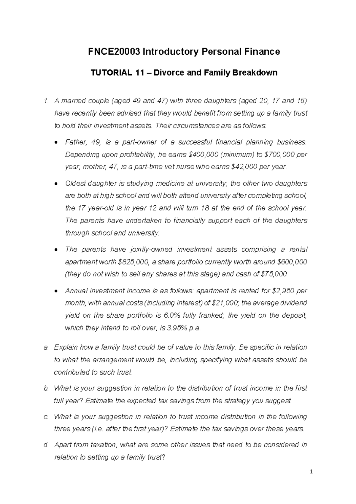 Personal Finance TUTORIAL 11: Family Trusts & Divorce Settlements - Studocu