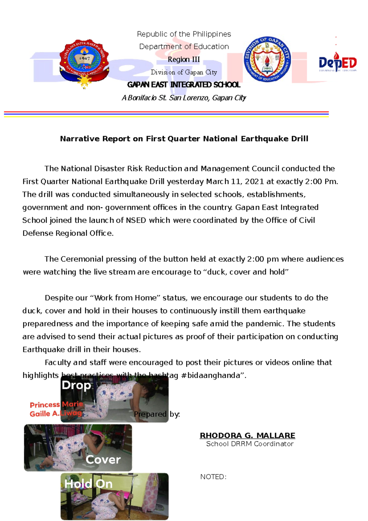 National Earthquake Drill Narrative Report - Gapan East Integrated ...