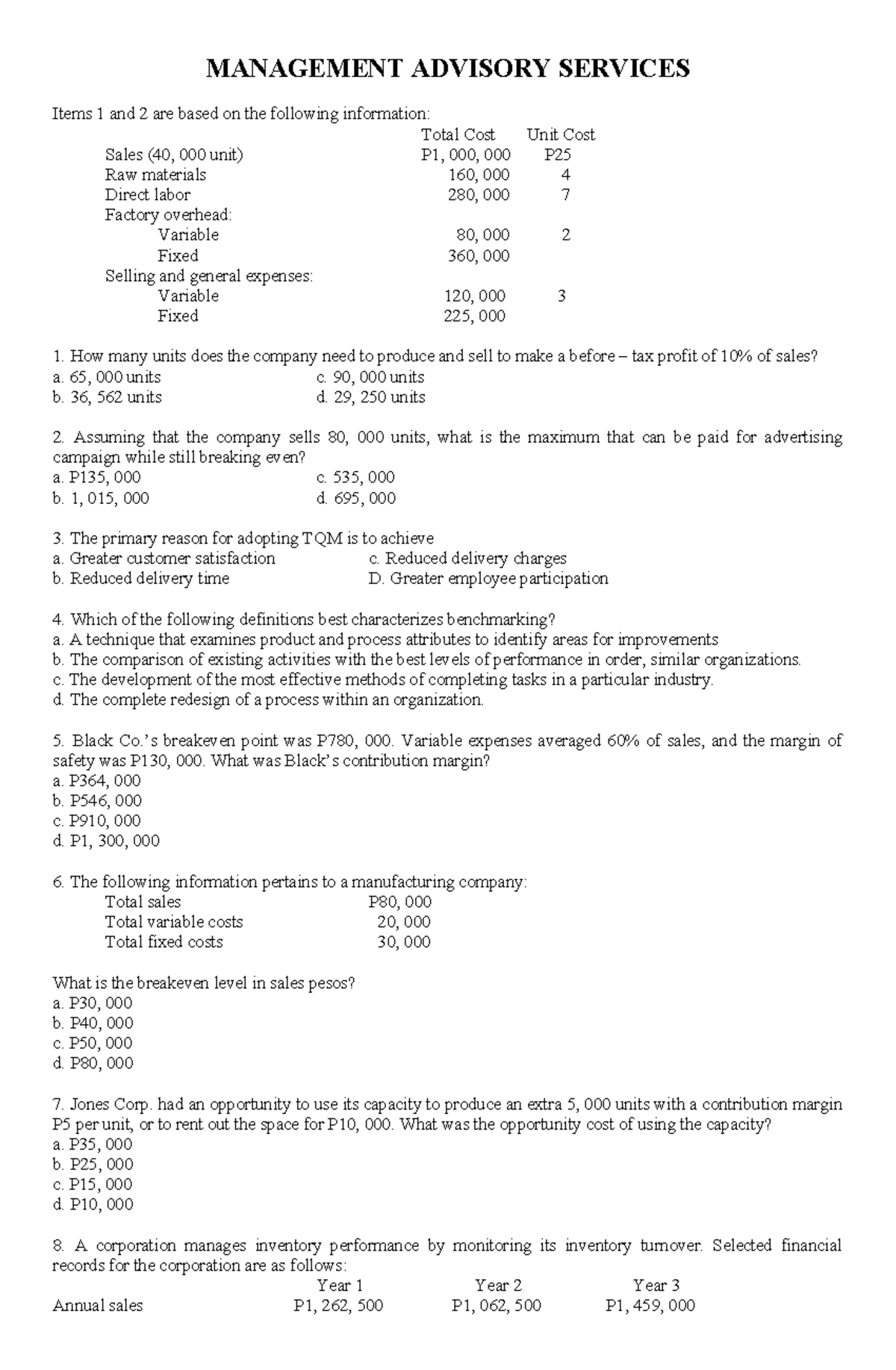 CRC ACE MAS - Management Advisory Services Exam Review - Studocu