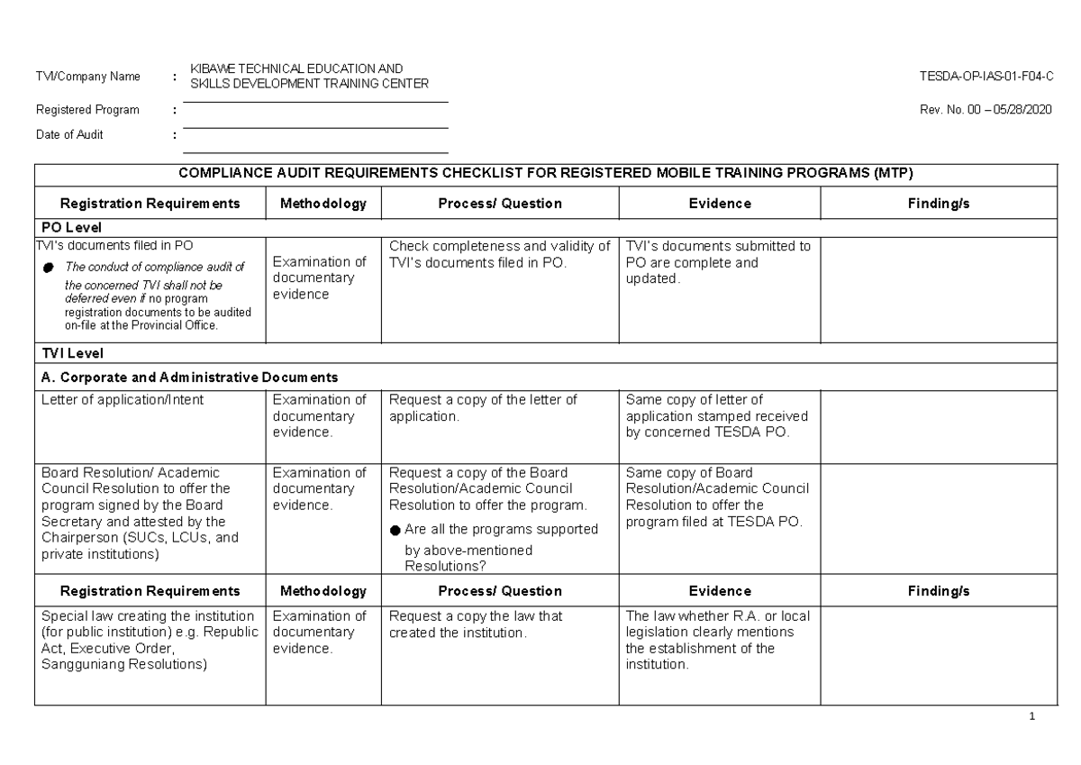 Compliance Audit Checklist for Registered Mobile Training Programs (MTP ...