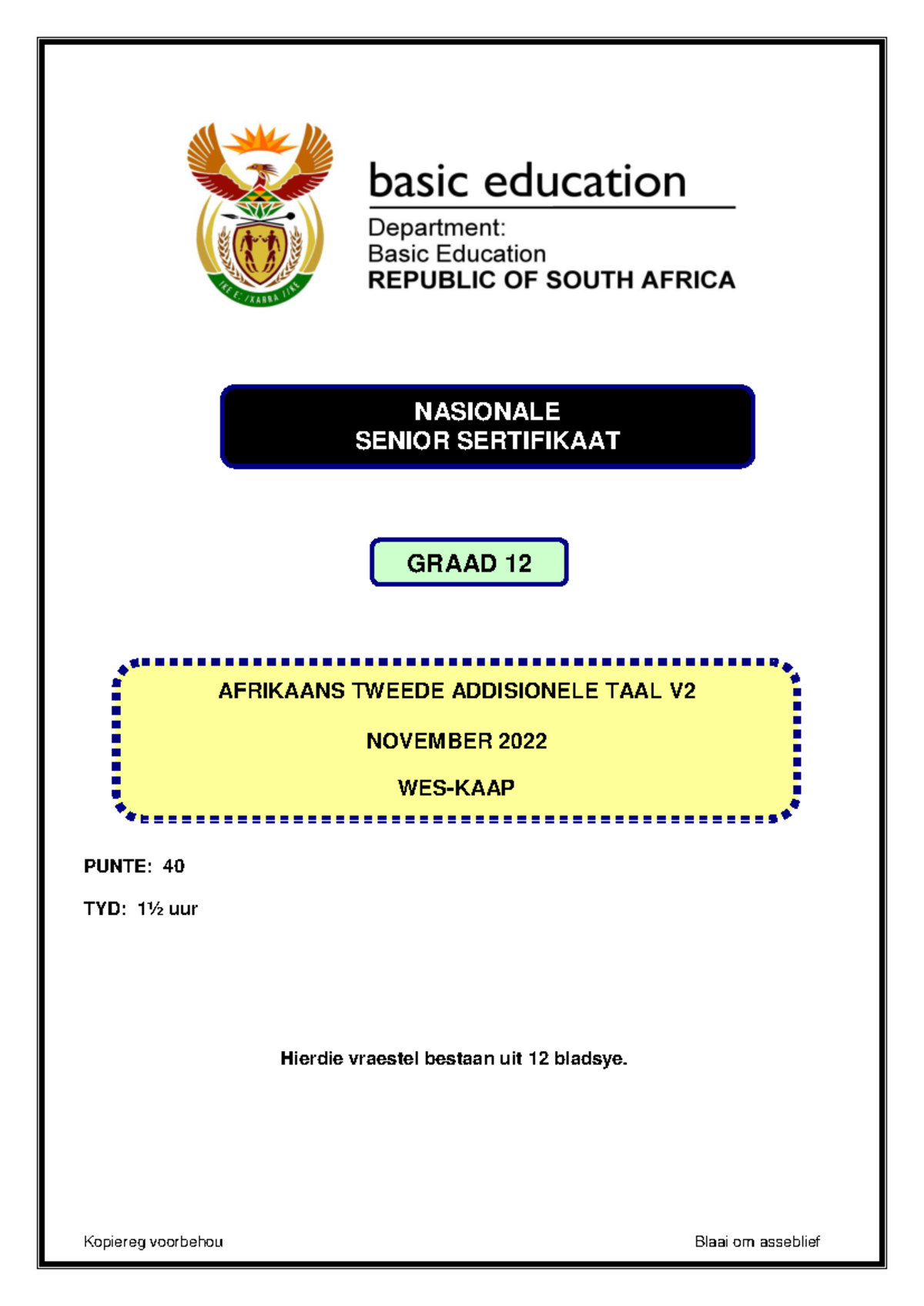 Afrikaans Tweede Addisionele Taal V2 NSS P2 Nov 2022 Exam Questions ...