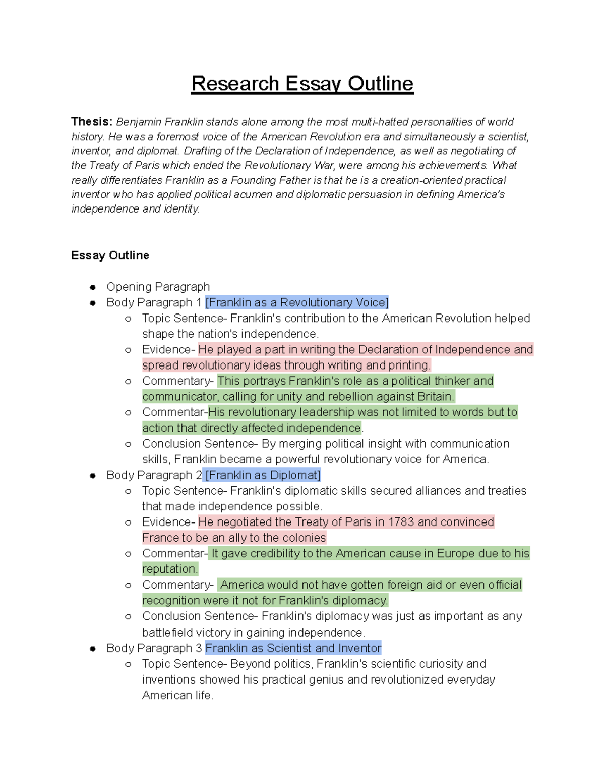 Research Essay Outline: Benjamin Franklin's Revolutionary Impact - Studocu